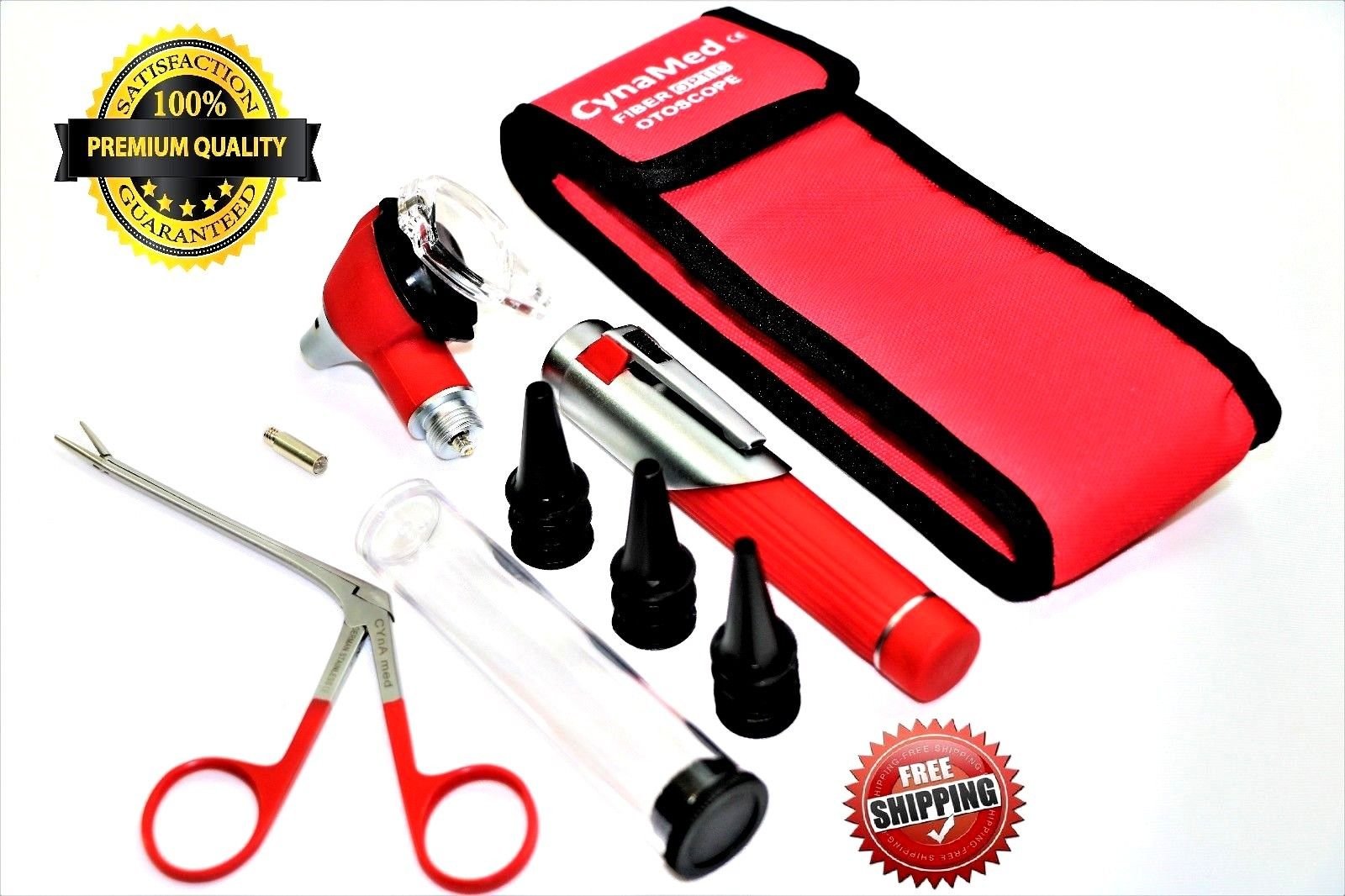 Premium Student Home Use Led Bright Light ENT Diagnostic Otoscope Pocket Size Red Plus Alligator Ear Nose Forceps Plus 1 Extra Replacement Bulb Cynamed