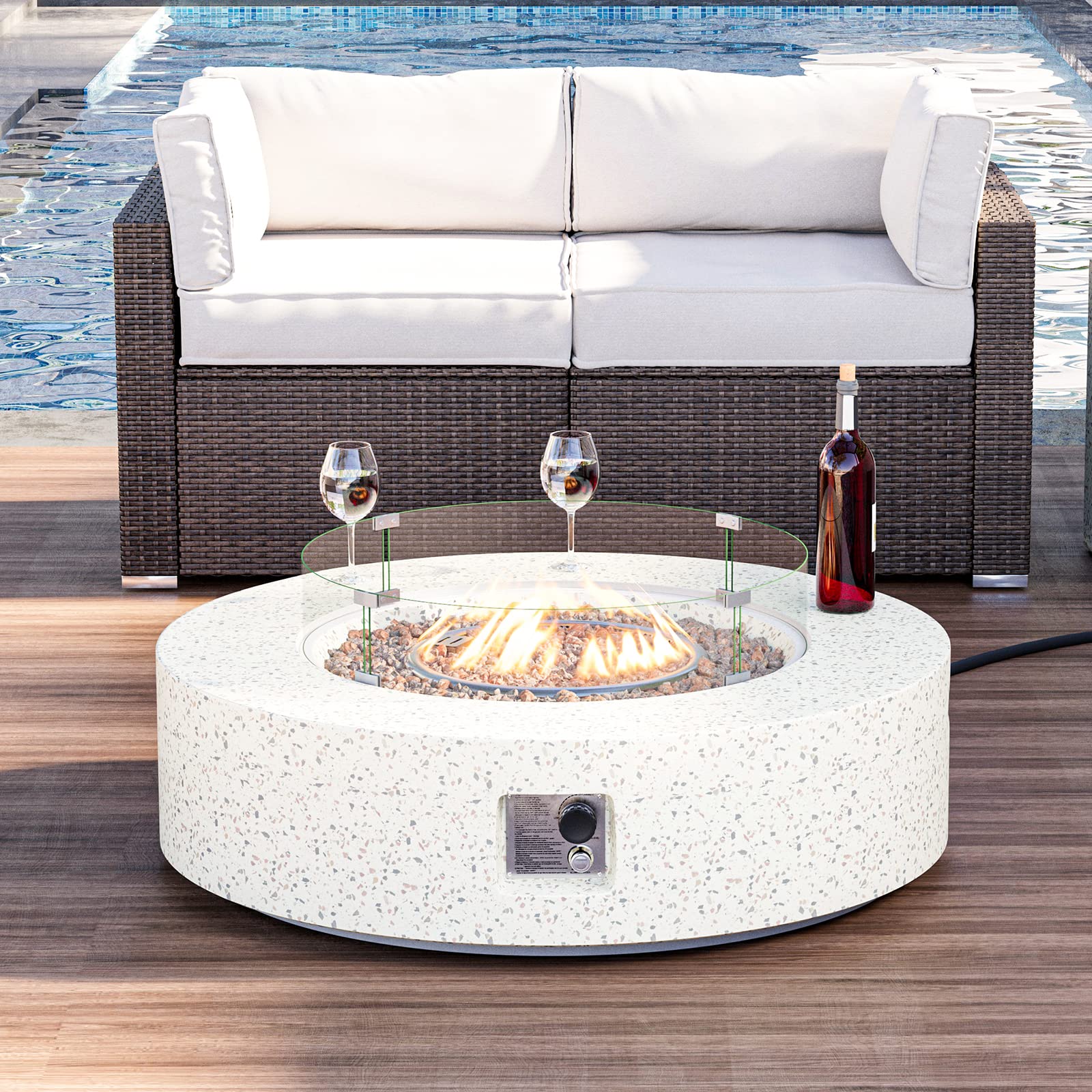 HOMPUS Propane Patio Fire Pit Table with Wind Guard, Lava Rocks and Rain Cover for Outdoor Leisure Party, 50,000 BTU 42-inch Round White Sandstone Concrete Fire Table