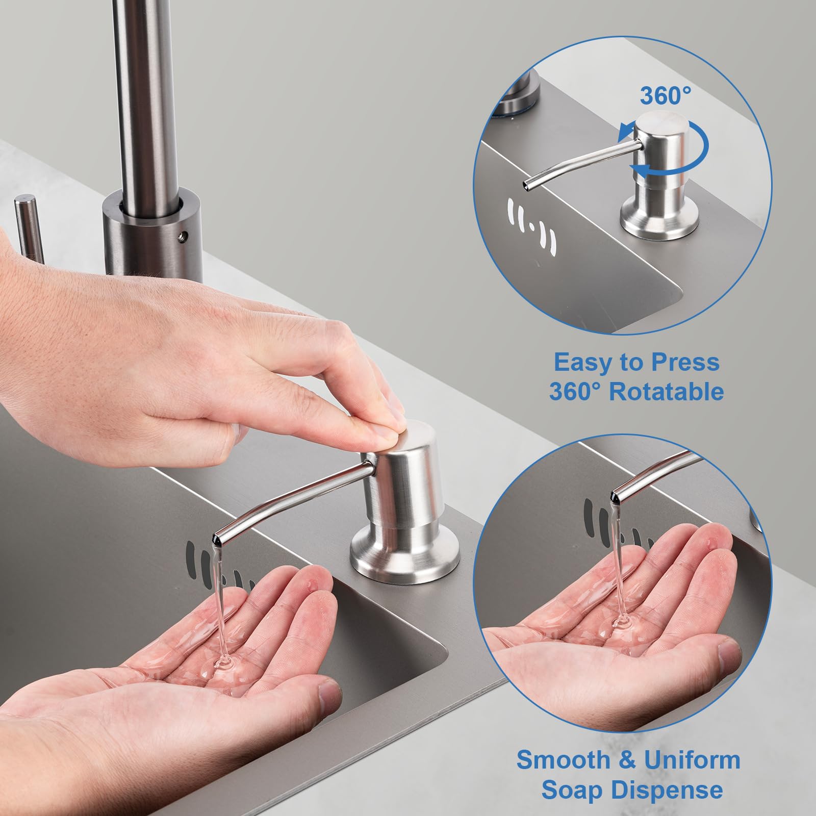 Husfunov Soap Dispenser for Kitchen Sink, Built in Sink Soap Dispenser (Brushed Nickel), Countertop Dish Soap Dispenser Stainless Steel Pump with 47" Extension Tube kit, No Need to Frequent Refills