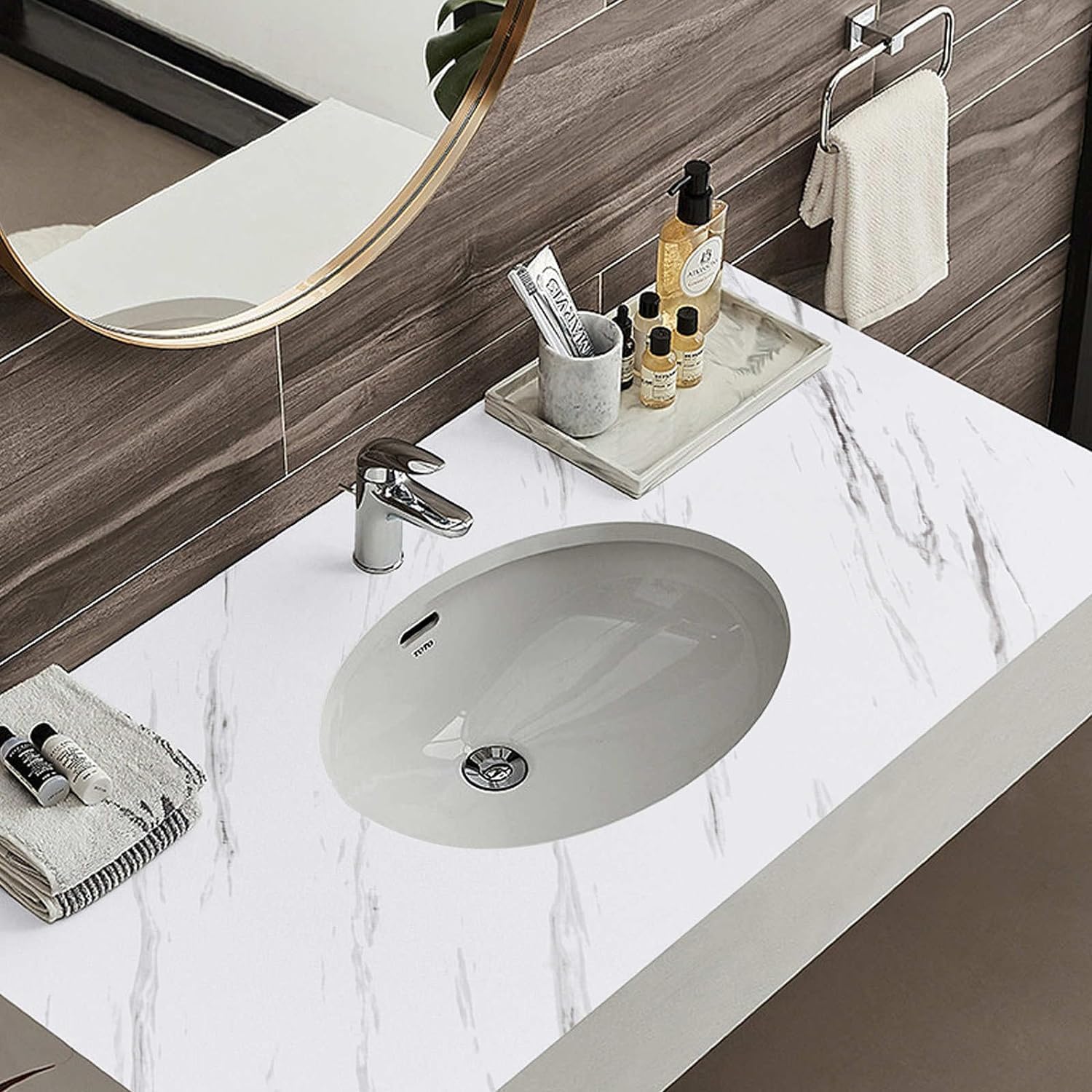 LXCREAT Glossy Gray White Marble Contact Paper, Granite Marble Wallpaper Peel and Stick Countertops, 15.7" x 118" Self Adhesive Removable Vinyl Wallpaper for Kitchen Beadboard Decoration