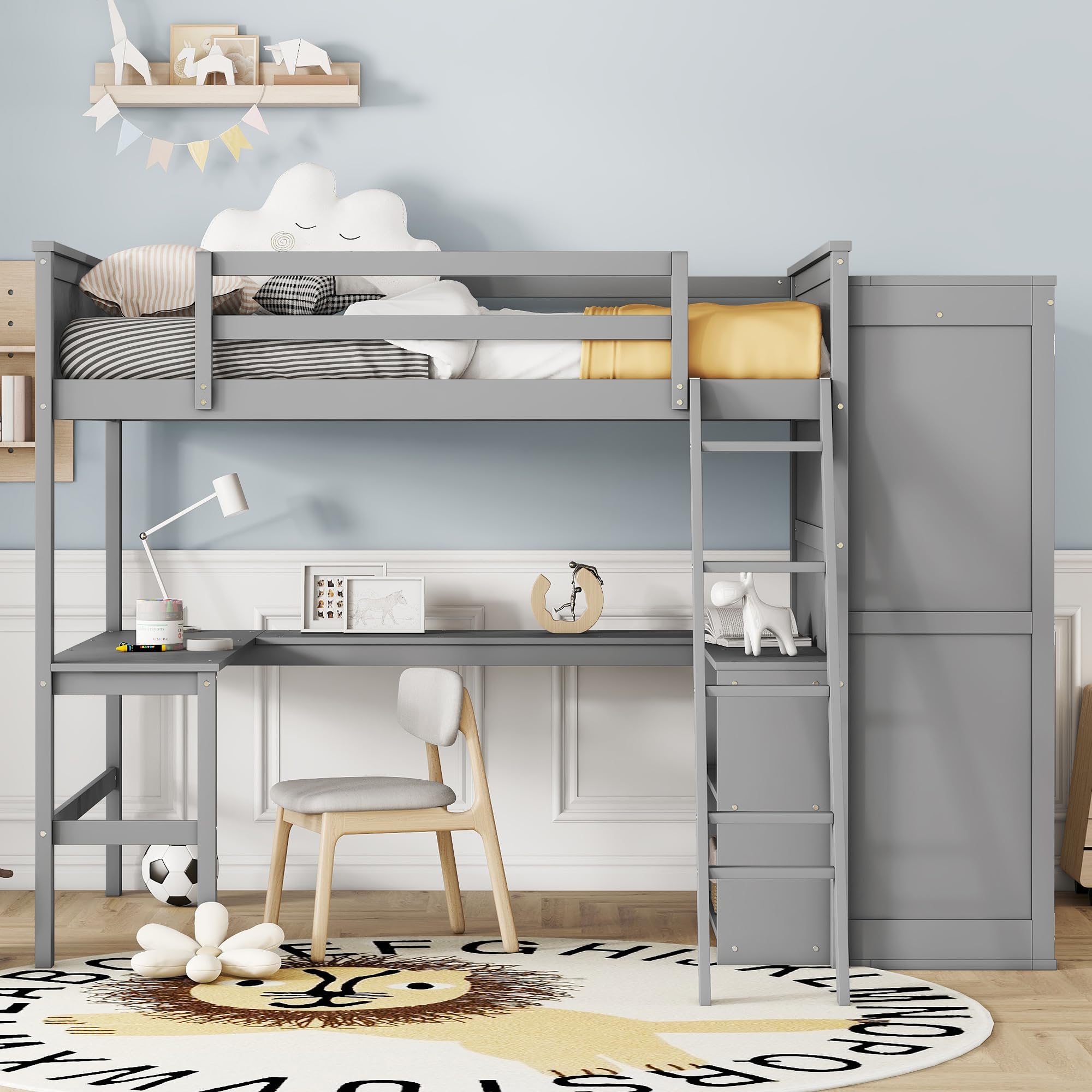 LostCat Full Size Loft Bed with Desk and Wardrobe, Wooden High Loft Beds Frame with Storage Shelves & Closet for Kids,Teens, Adults,No Box Spring Needed, Noise Free for Dorm Bedroom, Grey