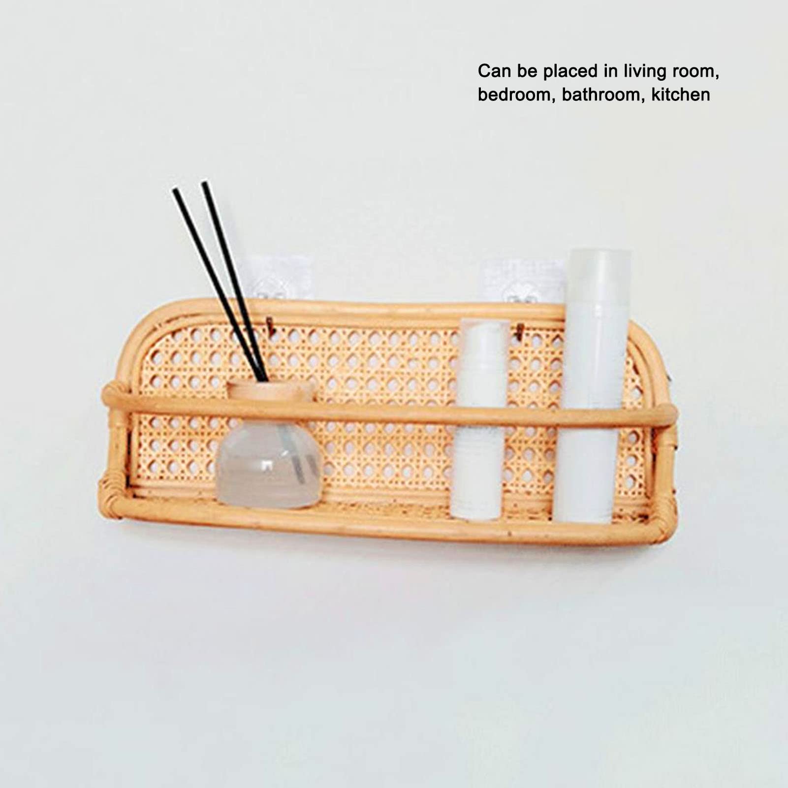 Rattan Wall Shelf Floating Shelf Decorative, Natural Rattan Hanging Rack Wall Storage Shelf, Wall Mounted Natrual Rattan and Wood Storage Hanging Shelves for Kitchen Bathroom
