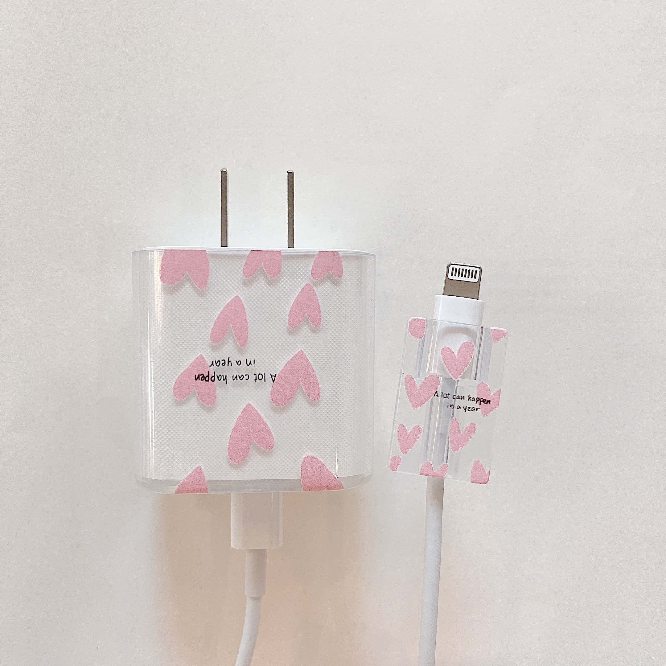 JANDM USB Plug Cable Protector Data Line Bite Fast Charging Cable Case for iPhone 18/20W Power Adapter Fast Charge Head Winder Case Cover Cute Smiley Cartoon Love Heart Case (Pink Heart)