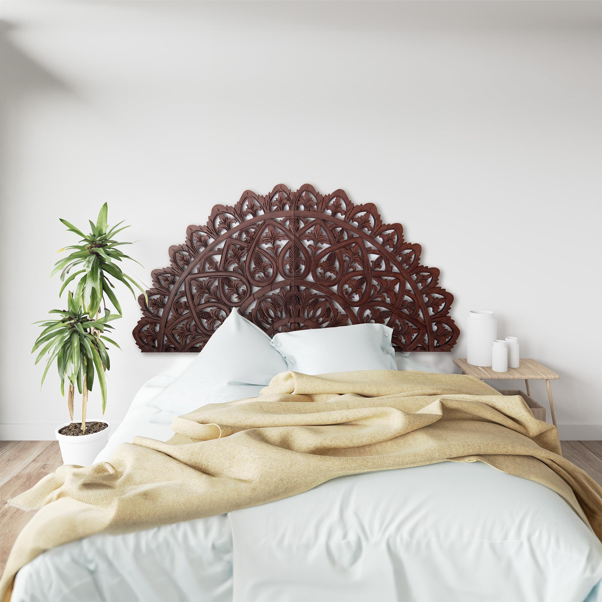 Half Moon Queen Wood Headboard Brown | Carved Full Headboard Only | Wooden Headboard Full Size Bed | Wall Mount Headboard Queen | Full Bed Headboard Panels (Mahkota Dark Brown, Queen)