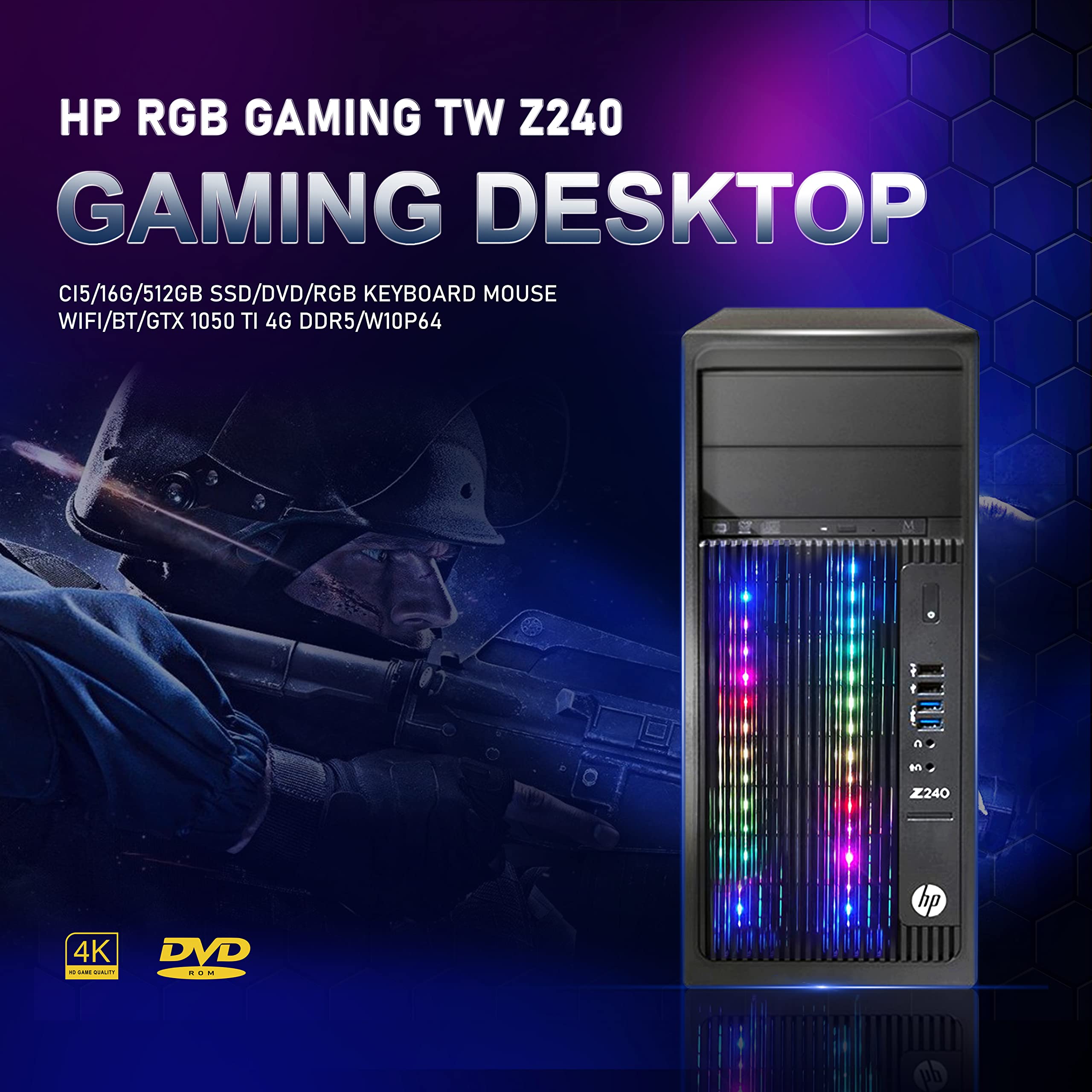 HP RGB Gaming Desktop PC, Intel Quad I5 up to 3.6GHz, 16GB RAM, GeForce GTX 1050 Ti 4G GDDR5, 512G SSD, WiFi & Bluetooth, RGB Keyboard & Mouse, Win 10 Pro (Renewed)