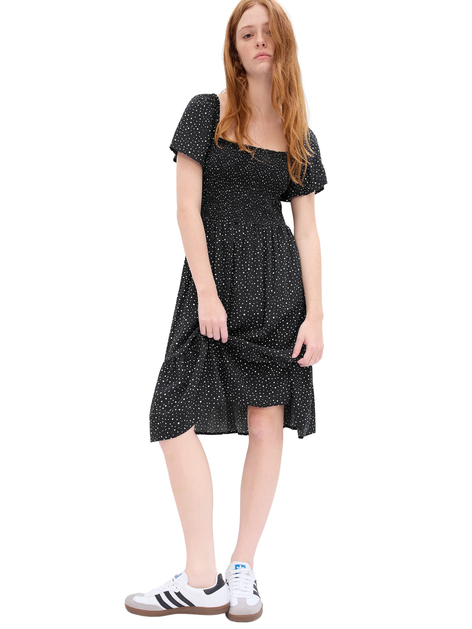 GAP Womens Short Sleeve Square Neck Midi Casual Dress, Black Dots, Large US