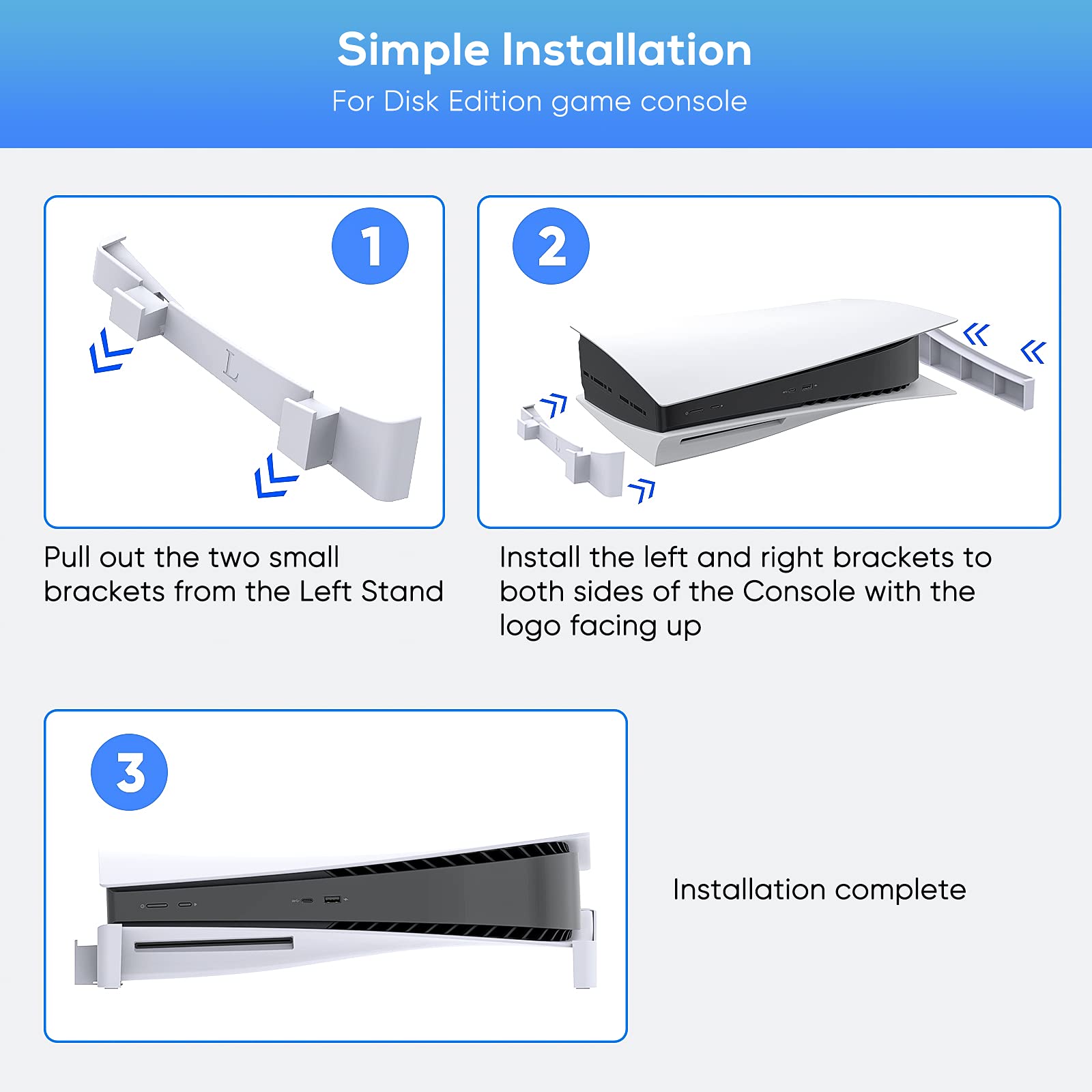 FASTSNAIL Horizontal Stand for PS5 Disc/Digital Edition, Console Lay Down Stand for PS5 with Adjustable Snap-in Bracket and Nonslip Rubber Feet, Gaming Accessories Kit Compatible with PlayStation 5