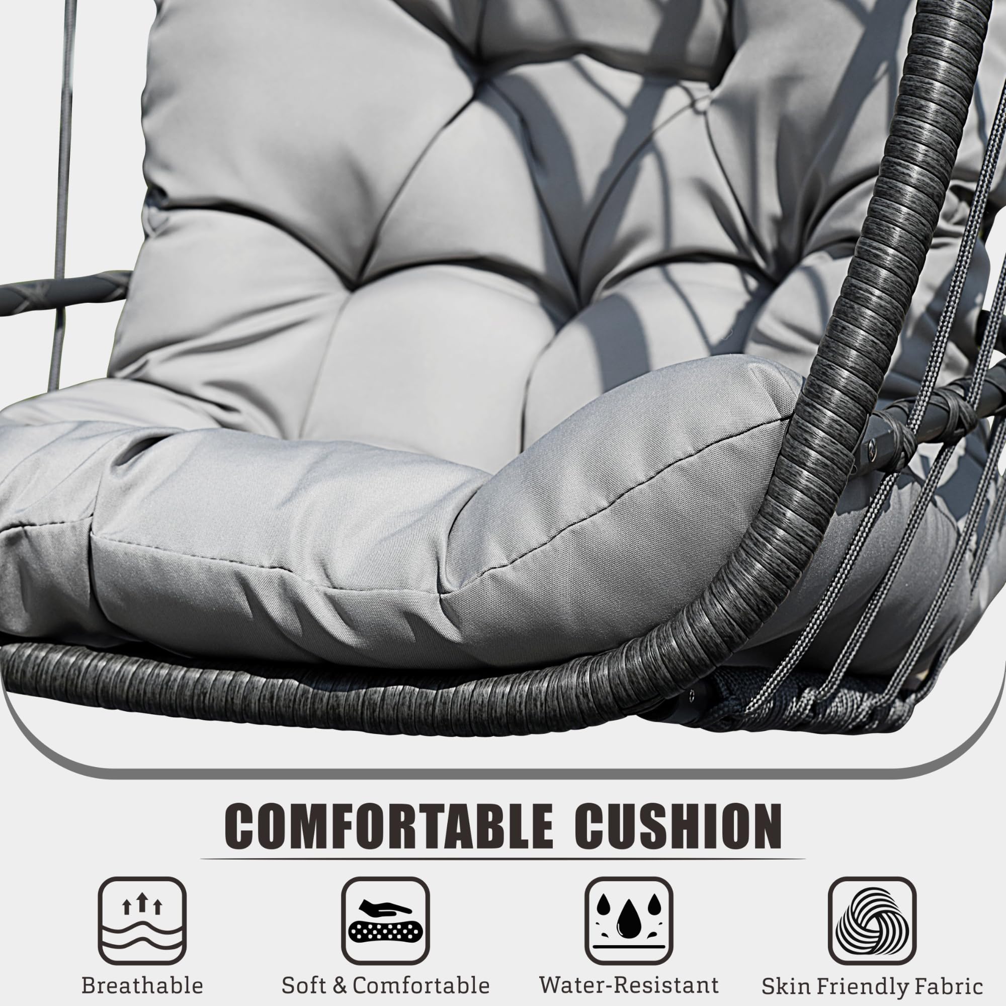 HWB Hanging Egg Chair with Stand, Patio Wicker Hammock Egg Swing Chair with Cushion for Bedroom Garden Indoor Outdoor (Grey)