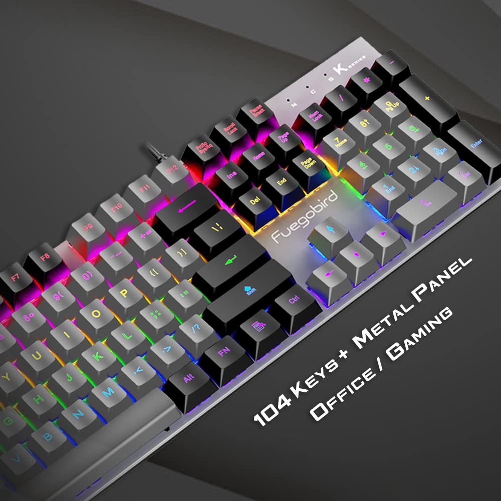 Fuegobird Mechanical Gaming Keyboard, RGB LED Backlit, Wired Keyboard with Linear Red Switch, 104 Full Keys Anti-ghosting, Double-Shot Keycaps