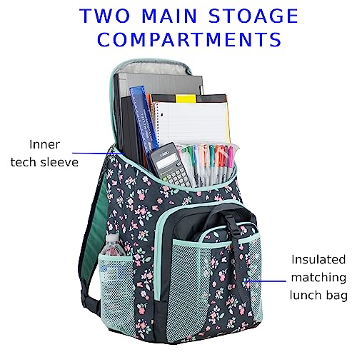 FUEL Top Loader Backpack with Lunch Box Combo β 18β Two Compartment Water Resistant Durable Adjustable Straps with Side Water Bottle Pockets 2 in 1 Set β Sweet Flowers