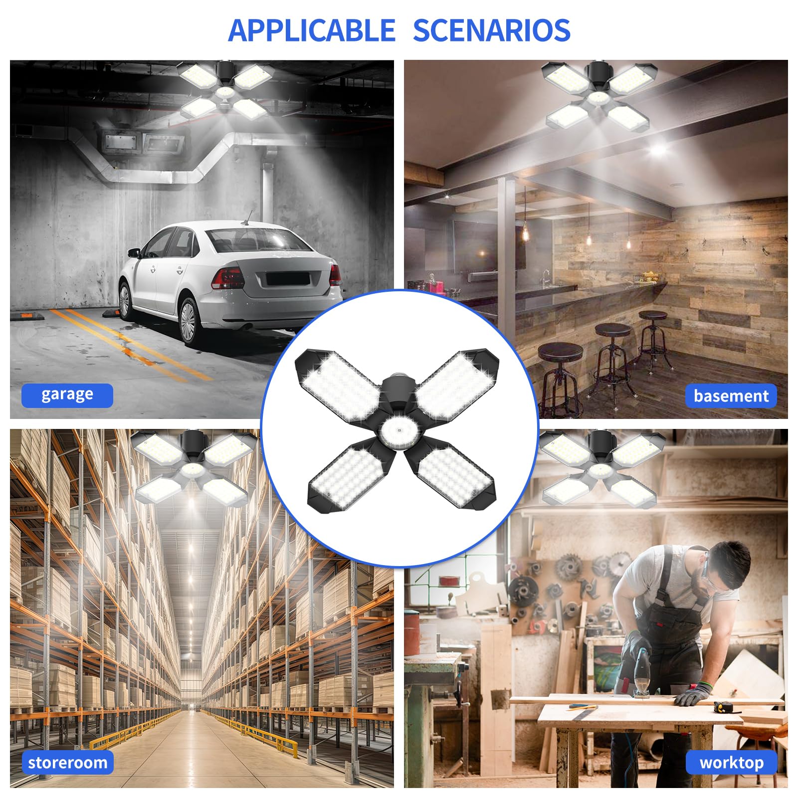 onffo LED Garage Light, 100W Deformable LED Garage Ceiling Lights, 10000 Lumen Ultra Bright LED Garage Light 4+1 Adjustable Panel, E26/E27 Socket, Shop Lights for Basement Workshop Barn Storage Room