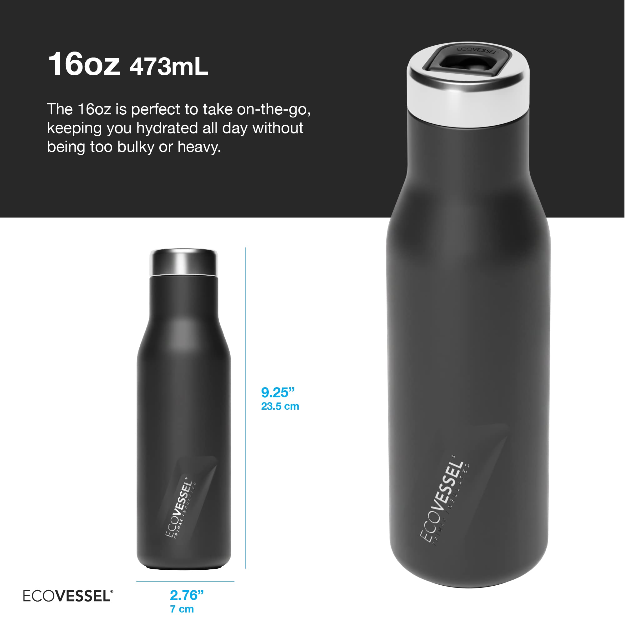EcoVessel ASPEN Stainless Steel Water Bottle with Insulated Lid, Metal Water Bottle with Rubber Non-Slip Base. Wine Tumbler Reusable Water Bottle - 16oz (Black Shadow)