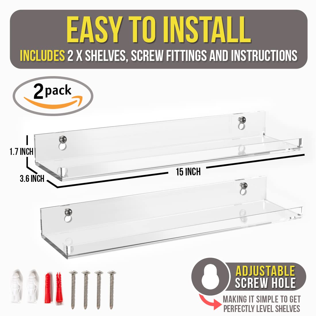 Pretty Display Invisible' Bathroom Shelf Wall Mounted [2 Pack] 15 inch Clear Acrylic Shelves Extra Strong & Easy to Wall Mount