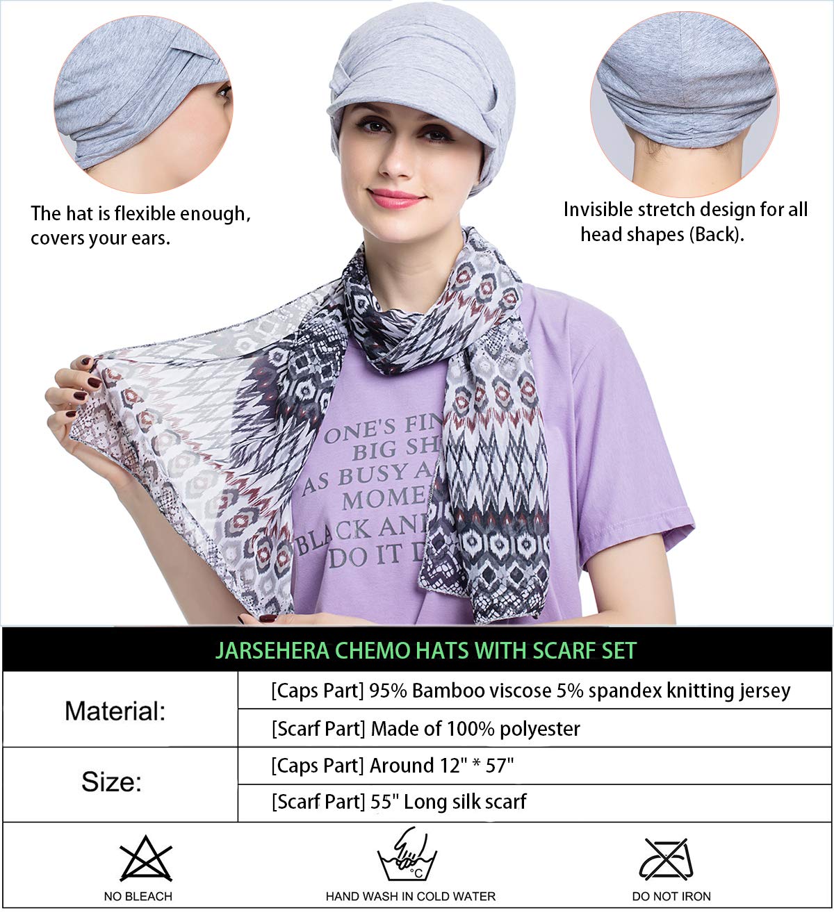 JarseHera Chemo Hats for Women Bamboo Cotton Lined Newsboy Caps with Scarf Double Loop Headwear for Cancer Hair Loss Light Gray