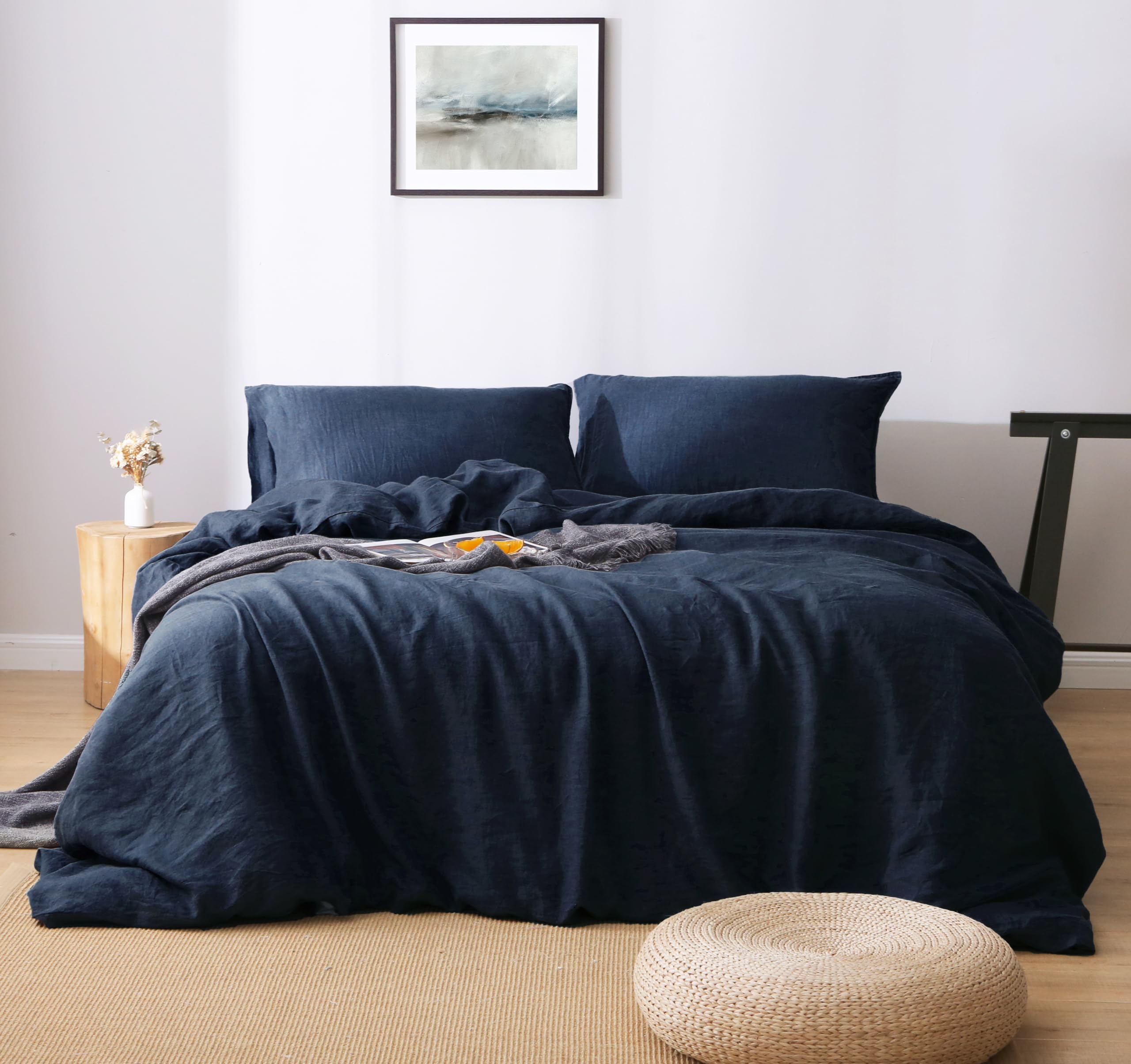S VICTORY SYMBOL 100% Organic Linen Duvet Cover Set Queen Size,Natural French Linen Bedding Set with Stone Washed,Comforter Cover with Button Closure(Navy) Soft,Breathable