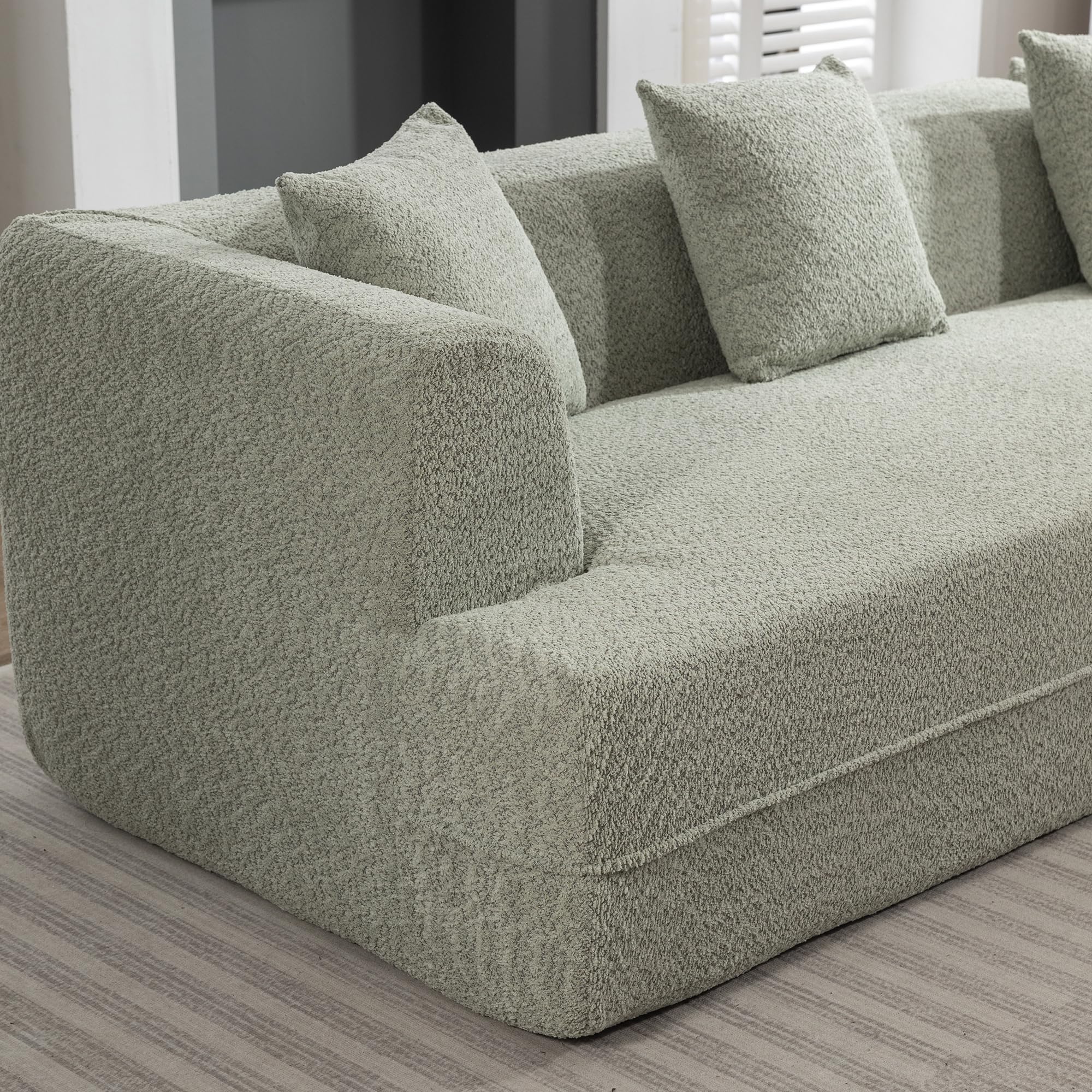 Modern Minimalist Style Modular Sofa Couch with 5 Pillows, 2 PC Combinated Couch, Anti-Wrinkle Boucle Fabric Sofa Set, Max 4 Seater L-Shaped Sofa for Living Room Reception Room (Light Green)