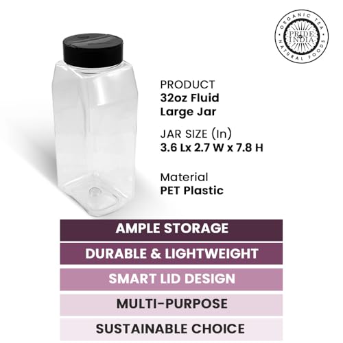 Pride Of India Large Clear Plastic Spice Jars w/Dual Sifter Cap | Food Grade BPA Free USA Made | 32 Fluid Ounce Capacity