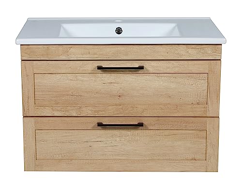 Modern Wall-Mounted Bathroom Vanity with Washbasin | Palm Beach Teak Natural Collection with Side Vanity Cabinet | Non-Toxic Fire-Resistant MDF-64 (12+40+12)-Omega Collection 32"