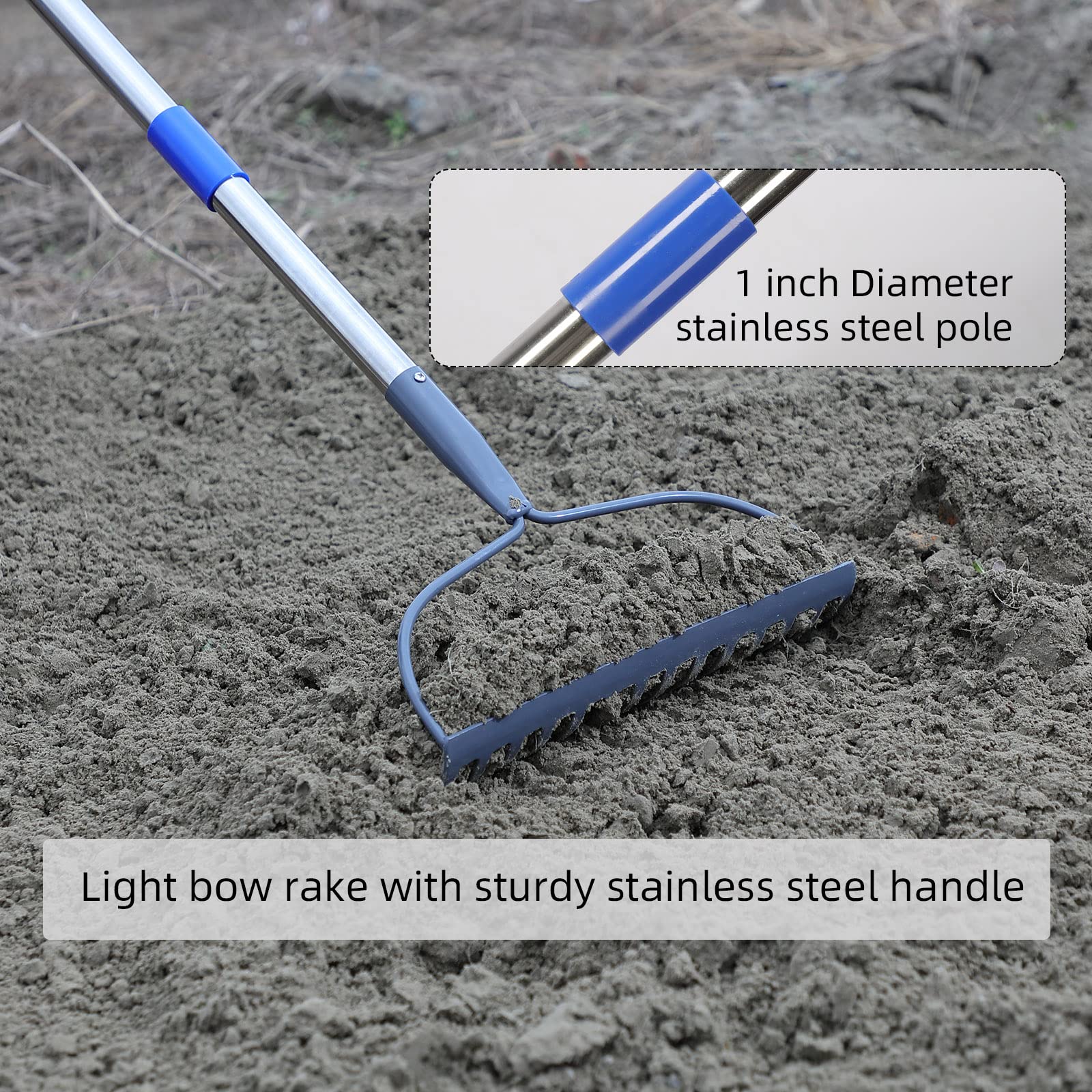 Garden Rake Heavy Duty Bow Rake with 60" Stainless Steel Handle Metal Rake for Lawn with 14 Tines