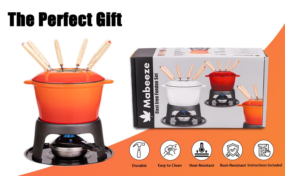 Mabeeze Cast Iron Fondue Set for Cheese, Chocolate or Meat - Includes Enameled 1.6 Qt Pot, 6 Fondue Forks, Burner, Stand, Base and Mitts