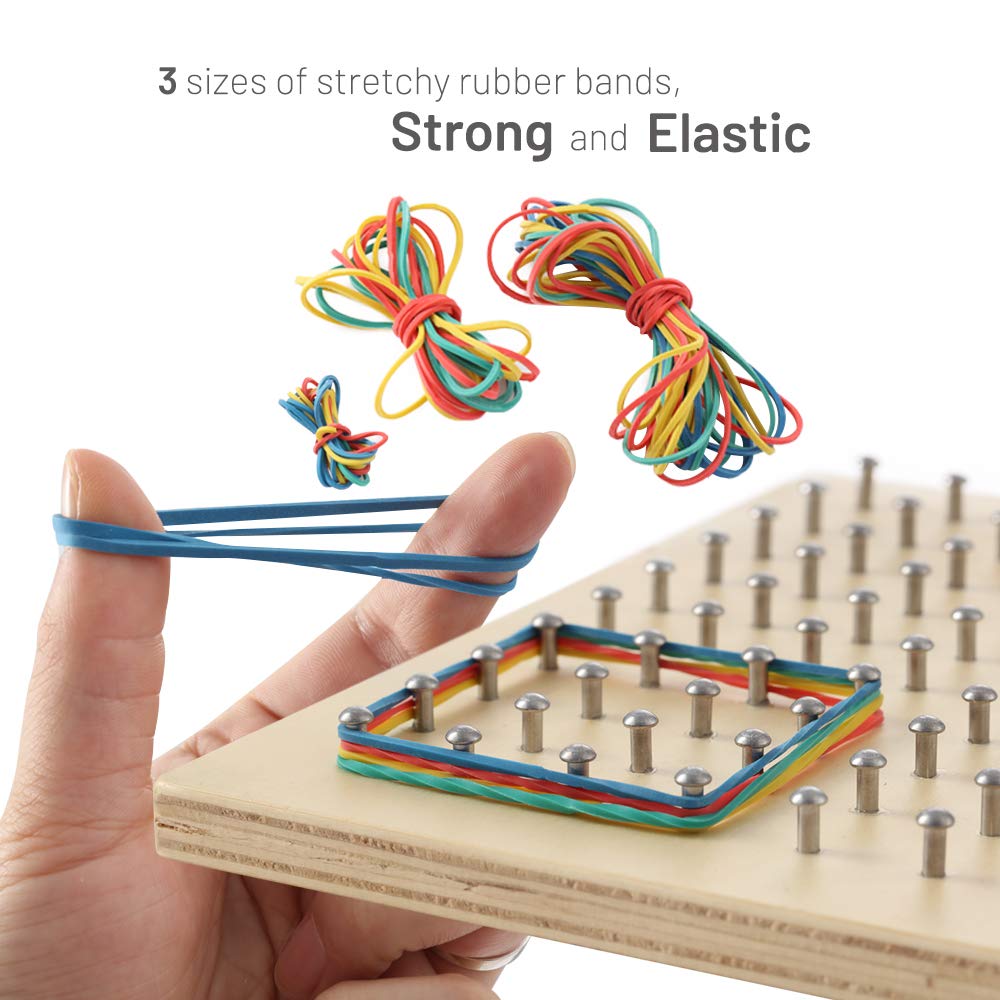 Wood GeoBoard - Geo board 10 x 10 Graphical Educational Mathematics Material with Rubber Tie and Cards, Preschool Kids Mathematical Brain Teasers, Early Learning Development DIY Toy for Toddler