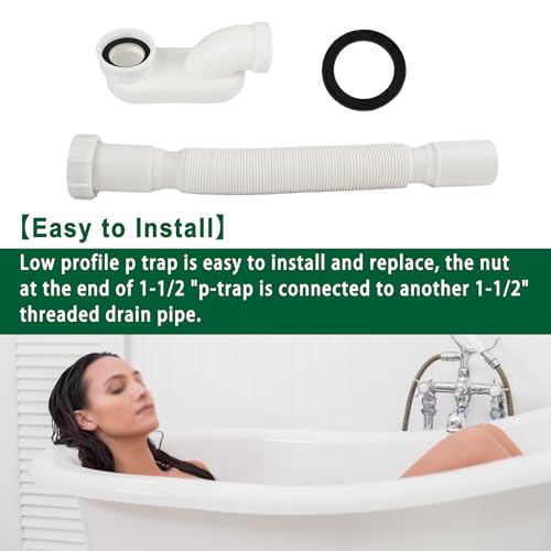 Low Profile 1 1/2 P Trap, Flexible Bathtub Shower Drain Pipe, Suitable for Freestanding Bathtub RV Bathtub(white)