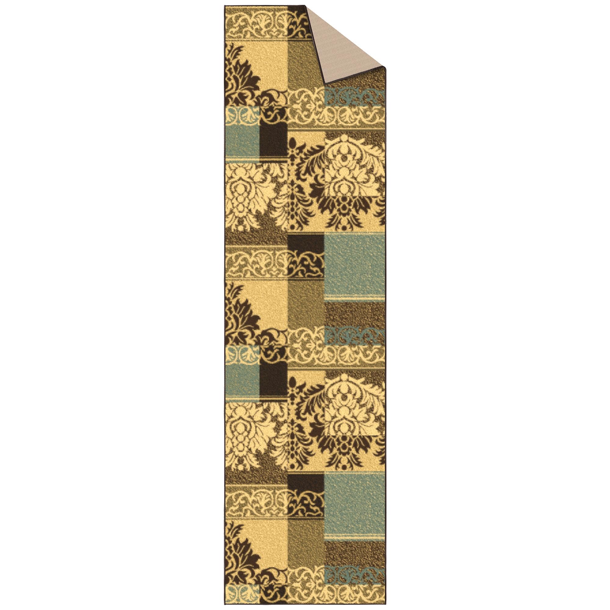 Machine Washable Damask Design Non-Slip Rubberback 3x10 Traditional Runner Rug for Hallway, Kitchen, Bedroom, Living Room, 2'7" x 9'10", Brown/Green