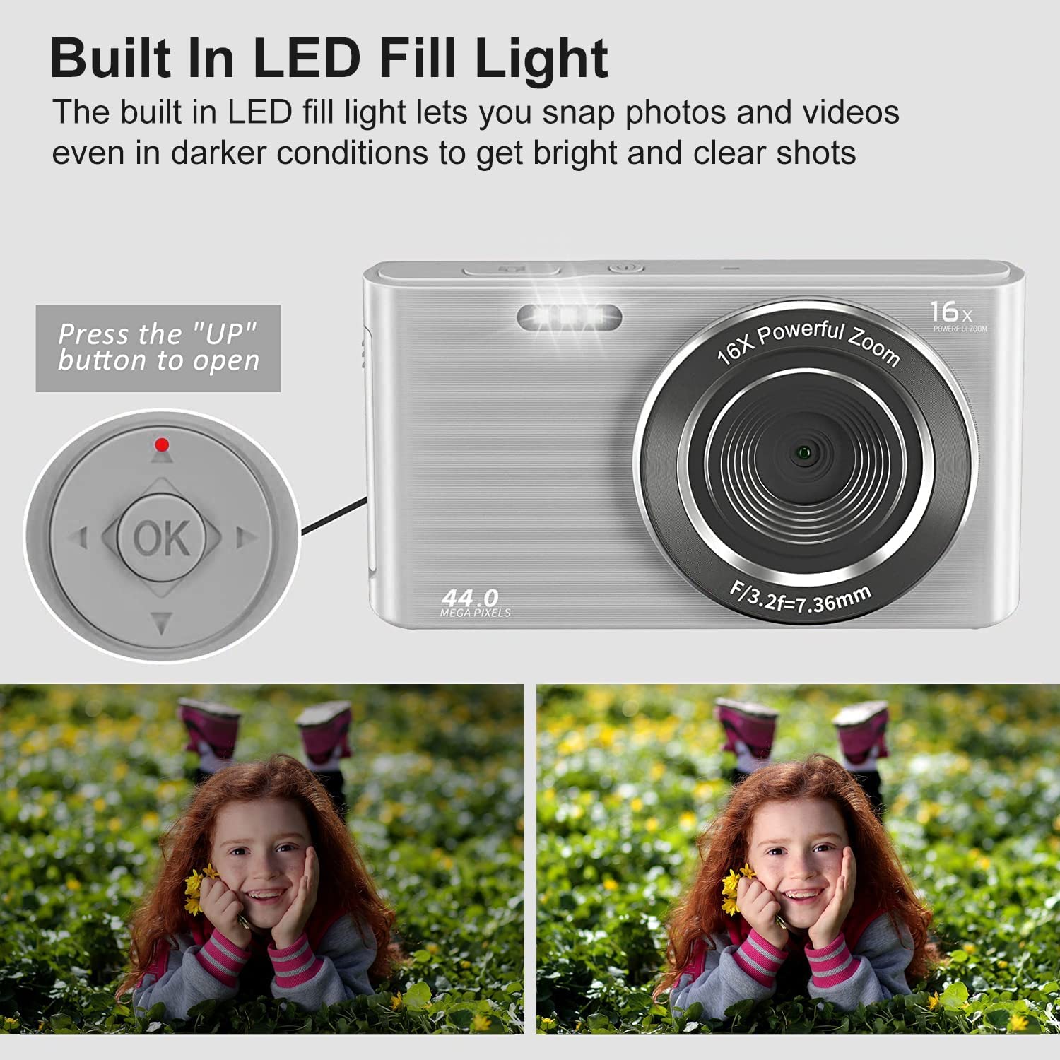 eDealz 44MP Digital Camera Compact Point and Shoot Camera with 32GB SD Card, 16X Digital Zoom, Kids Camera 2.4 Inch Screen, Vlogging Camera for Teens Students Boys Girls Seniors (Silver)