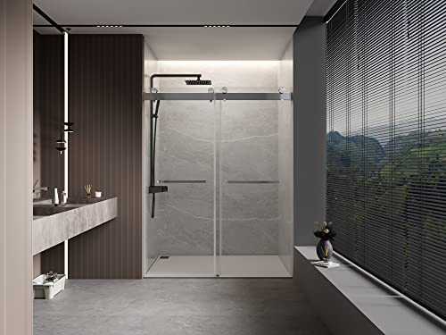 Jintop 72" W x 76" H Double Sliding Frameless Soft-Close Shower Door with Premium 3/8 Inch (10mm) Thick Tampered Glass,Bathroom Bathtub Doors W/ 4 Rollers and 2 Towel Bar Handles,Brushed Nickel