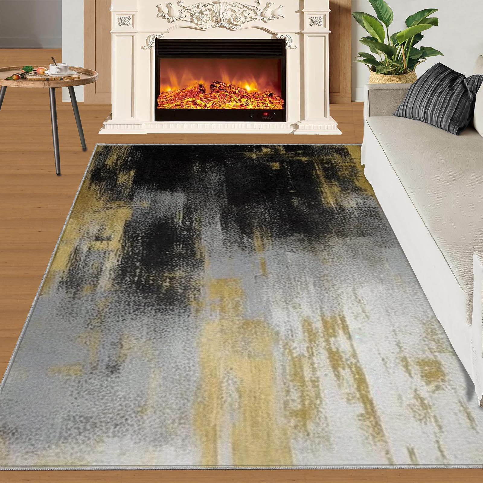 LEGENOB Washable Rugs 2x3 Retro Gold Leaf Pattern Black Area Rug ,Abstract Gradient Black Grey Rug for Living Room ,Anti-Slip Washable Rugs ,Apply to Bedroom Kitchen Dining Room Home Decoe