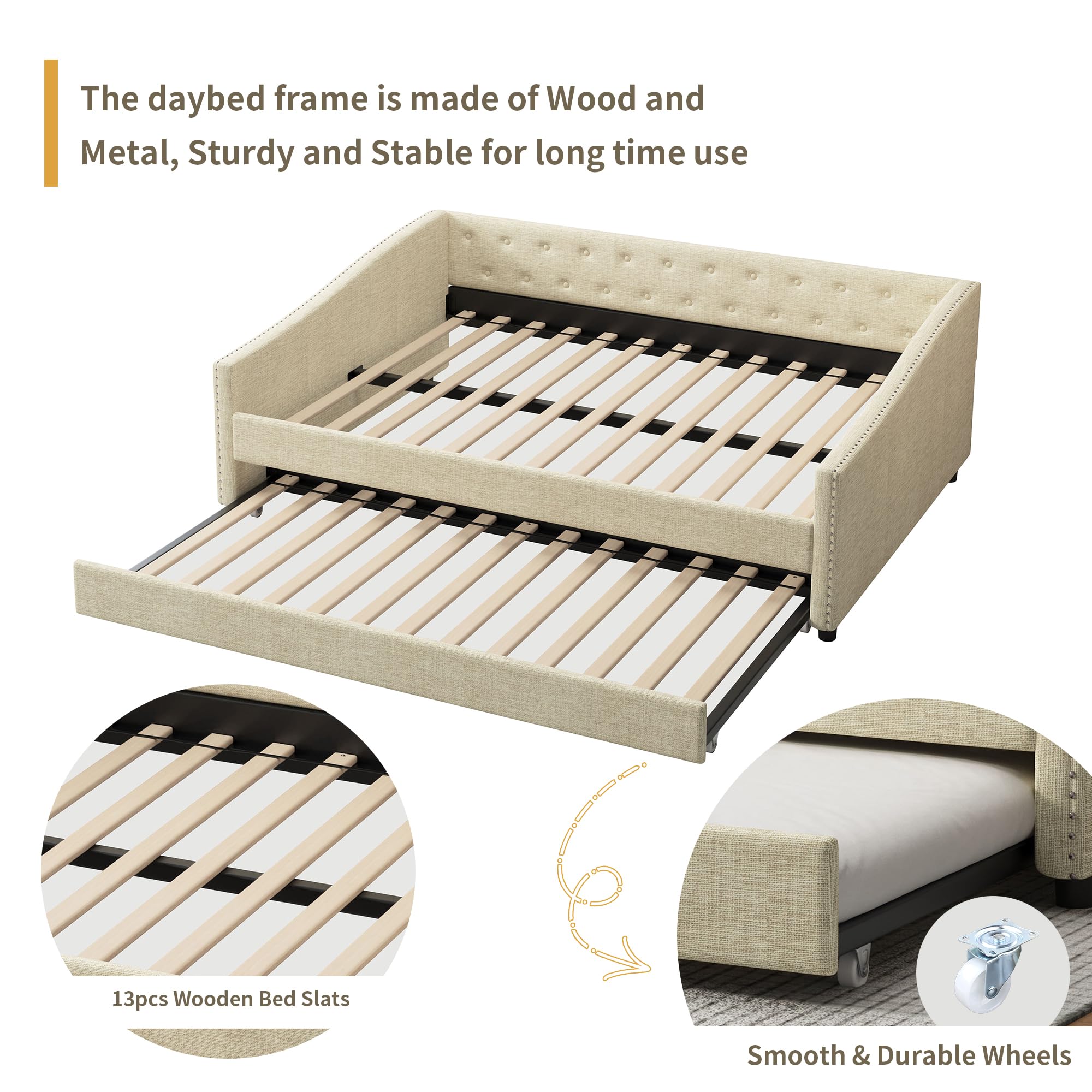 Jintop Full Size Velvet Upholstered Tufted Daybed with 2 Drawers,Modern Wood Bed Frame w/Armrests,Slat Support,No Box Spring Needed,Daybeds for Apartment,Bedroom,Guest Room,Beige