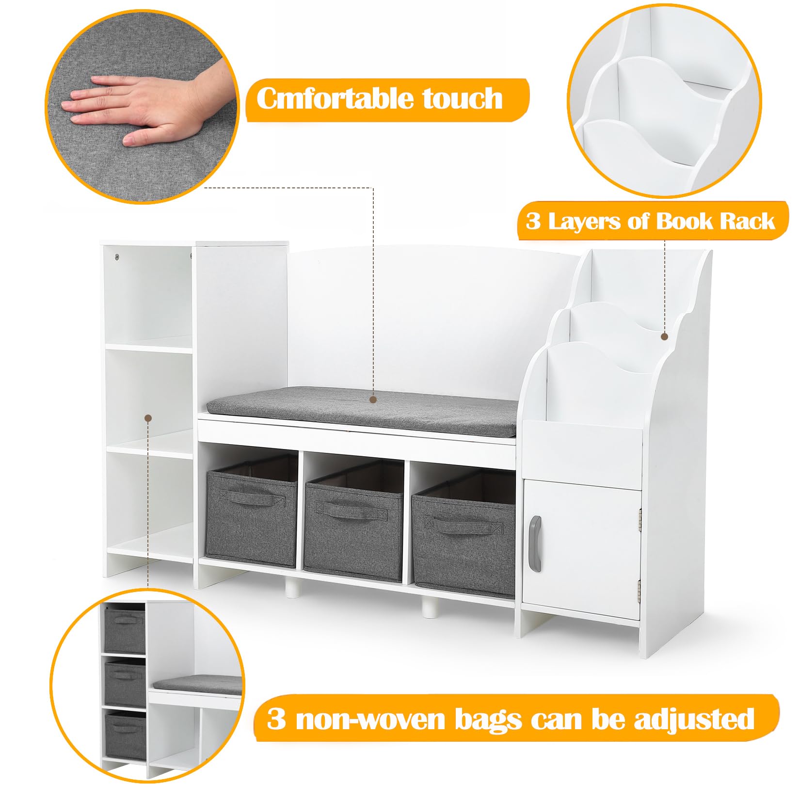Kids Bookshelf with Reading Nook, Bookcase with Detachable Cushion ,Storage Organizer with Book Rack for Bedroom, Playroom, Gift for Boys and Girls, White