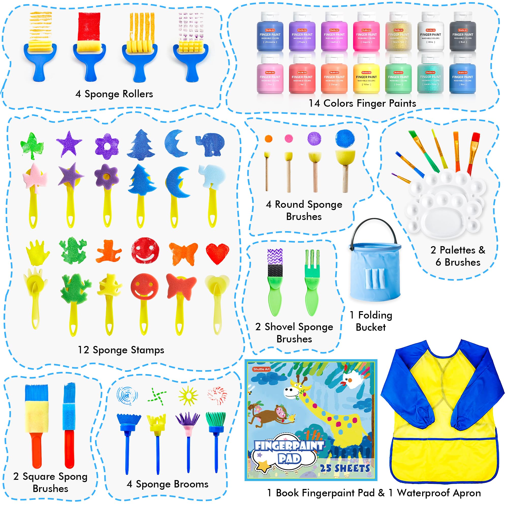 Washable Finger Paint Set, Shuttle Art 46 Pack Kids Paint Set with 14 Colors(60ml) Finger Paints, Brushes, Finger Paint Pad, Sponge, Palette, Smock, NonToxic for Toddlers Home Activity Early Education