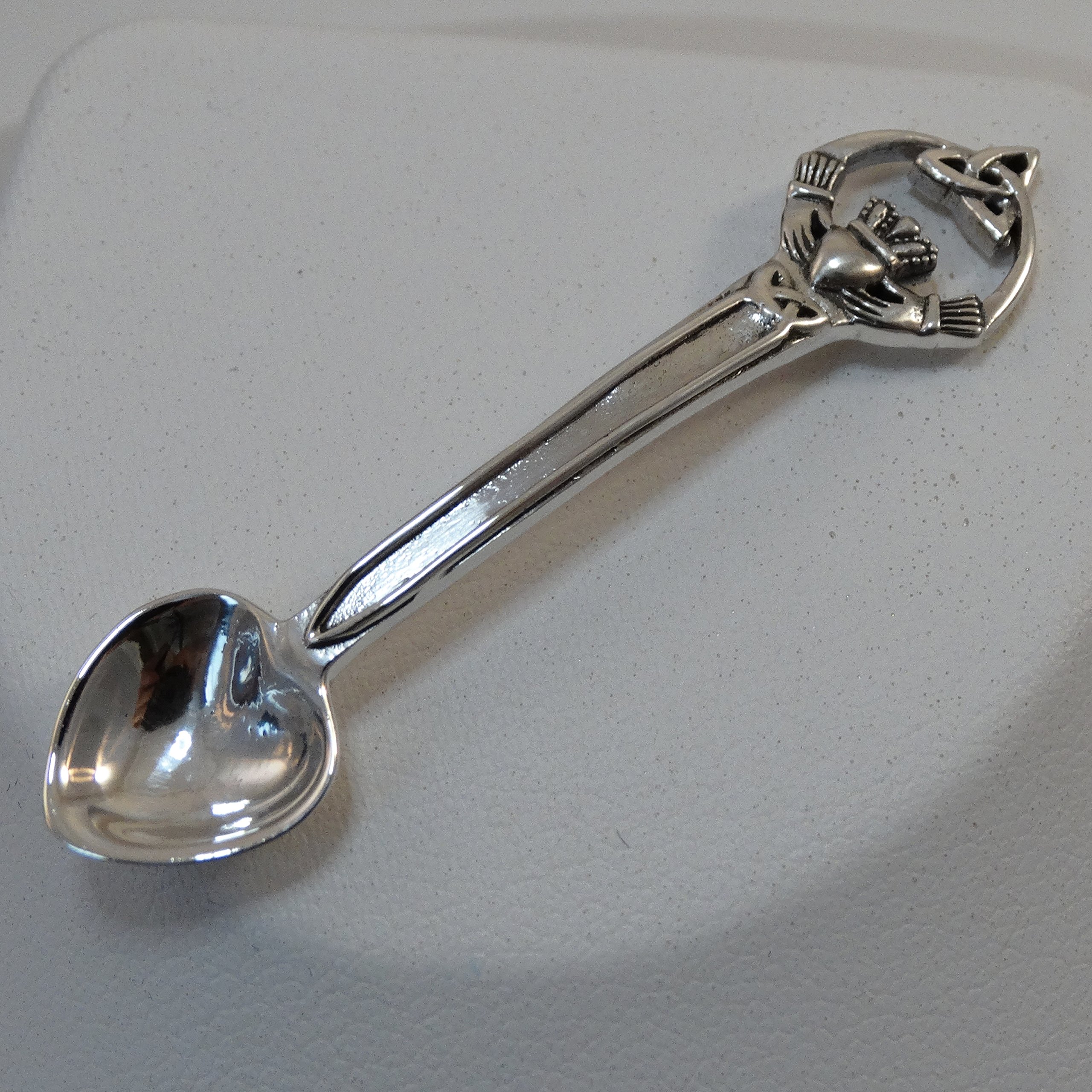Sterling Silver Irish Claddagh Salt Spoon or Mustard Spoon, Celtic Trinity Knot
