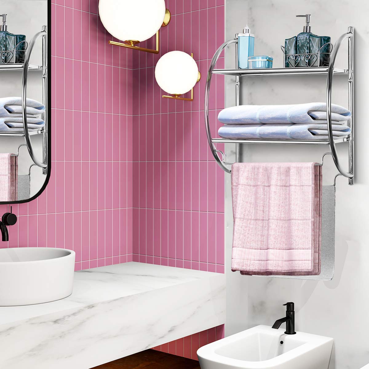 ReunionG 2-Tier Bathroom Shelf with Towel Rails, Wall Mounted Towel Shelf with Space-Saving Design, Multifunctional Chrome Bathroom Storage Shelf for Bathroom Laundry Room Kitchen, Easy Assembly