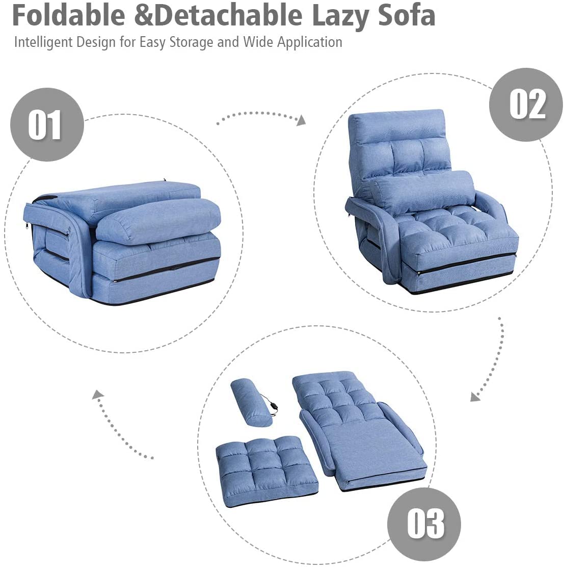 LUARANE Adjustable Massage Floor Sofa Chair, Foldable Lazy Sofa with 5-Position Adjustable Backrest Lumbar Pillow Armrests, Indoor Lounger Bed for Bedroom Living Room (Blue)