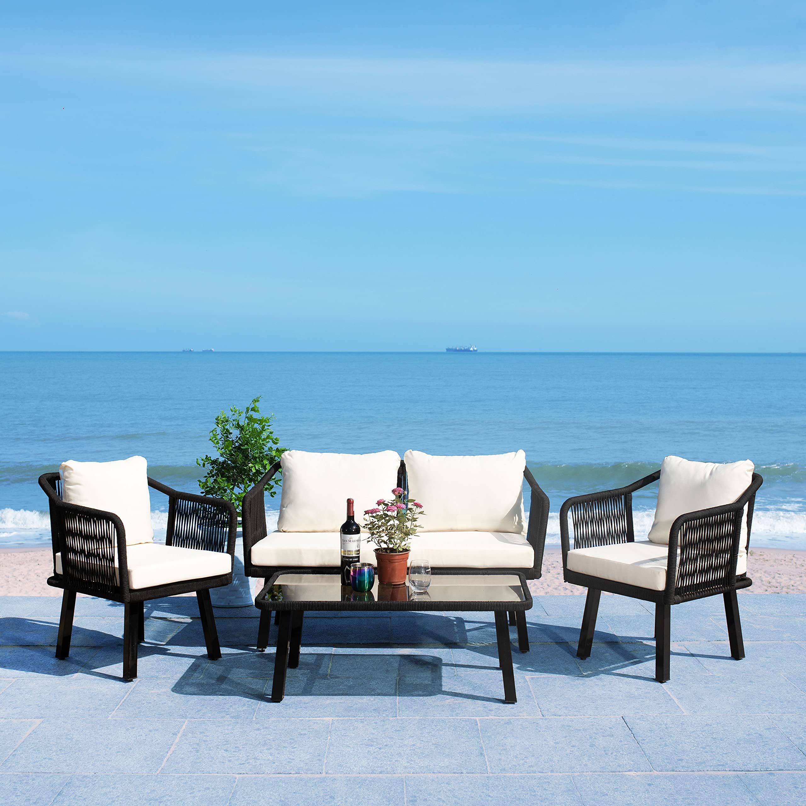 Safavieh Outdoor Collection Torsla Wicker Cushion 4-Piece Rope Patio Backyard Living Set PAT7520B, Black/Beige