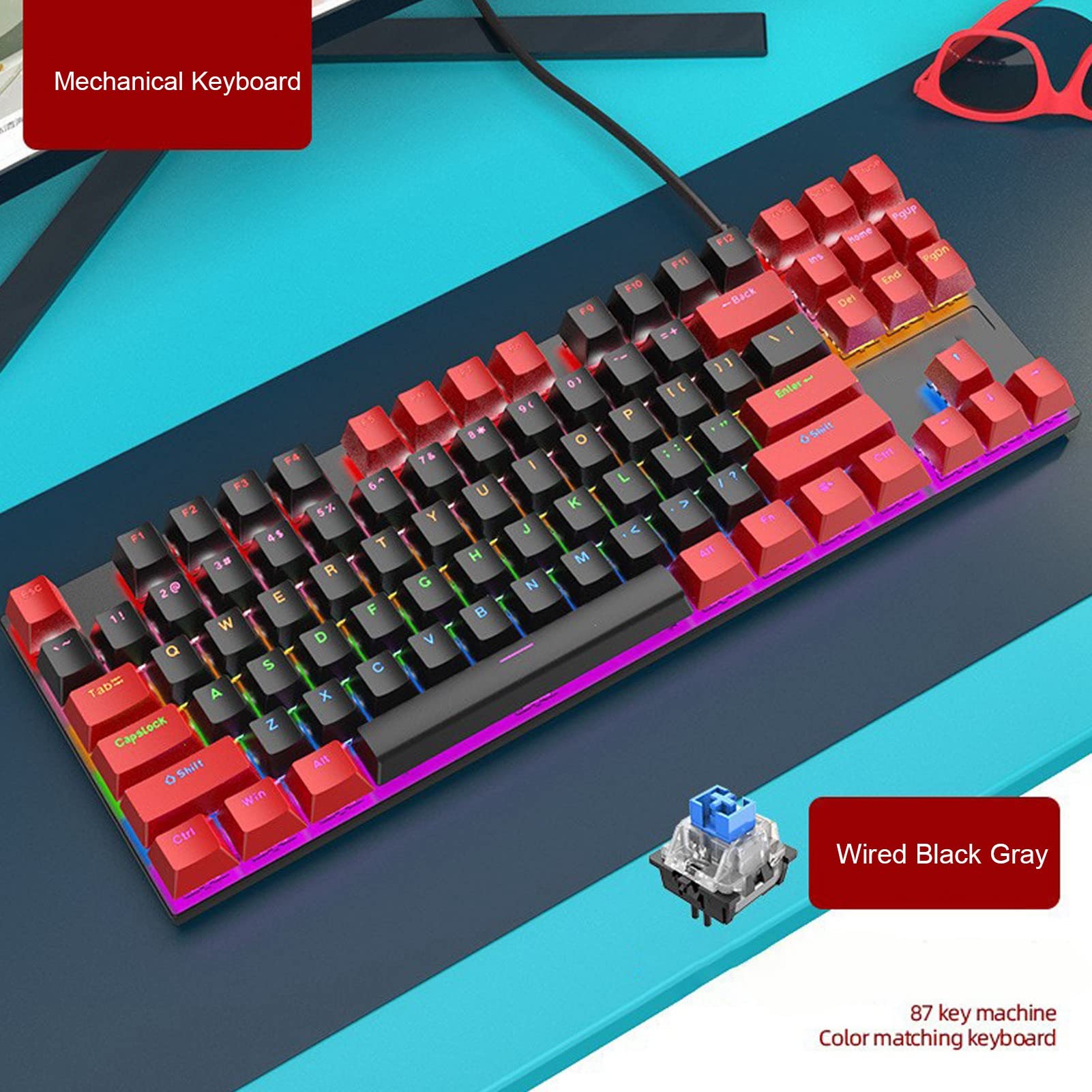 Garsentx Mechanical Gaming Keyboard, 87 Keys Waterproof Blue Switch USB Wired Office Keyboard with RGB Breathing Backlit, Quick Response, for Laptop Desktop PC (Wired Black Red)
