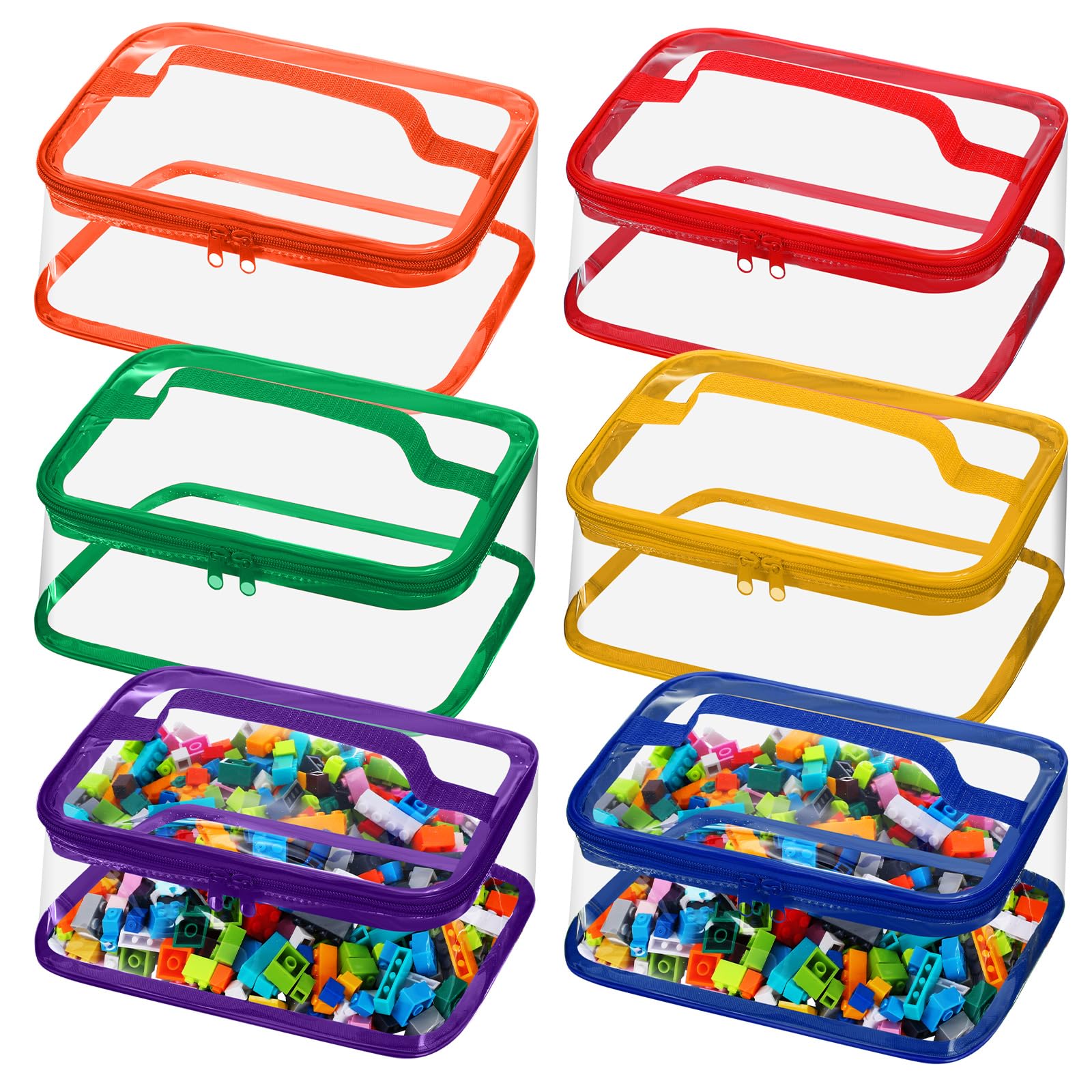 Nitial 6 Packs Clear Toy Storage Bags, PVC Organizing Zippered Storage Bags for Toy, Waterproof Bags for Building Blocks, Board Games and Small Toys (Bright Colors)