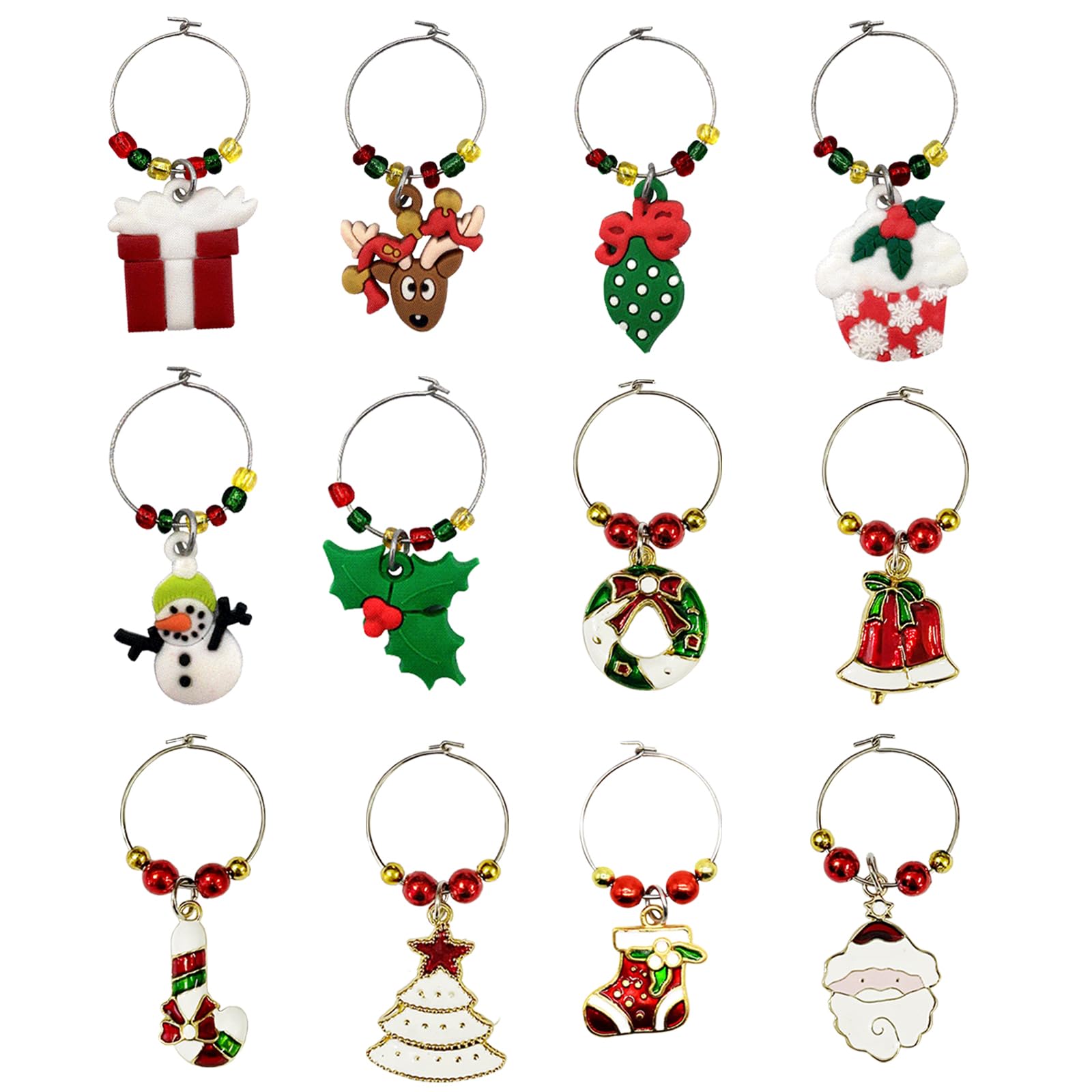 FunIdea 12 Piece Holiday Themed Christmas Wine Glass Charms, Wine Tasting Party Decoration Supplies Gift Box Set (Golden)