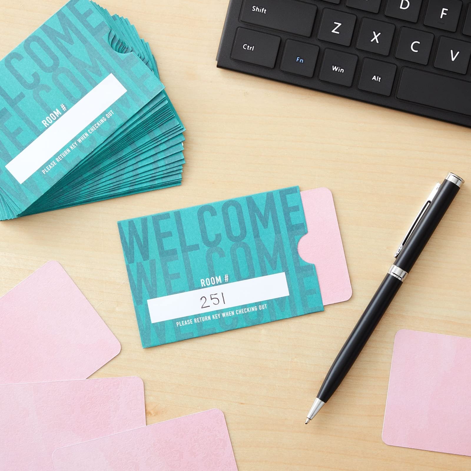 Stockroom Plus 500 Pack Hotel Key Card Envelopes, Key Sleeve for Residents, Room Card Envelope for Motel, Business, Bulk Printed Card Sleeves, Welcome Guests (Teal, 2.4x3.5 In)