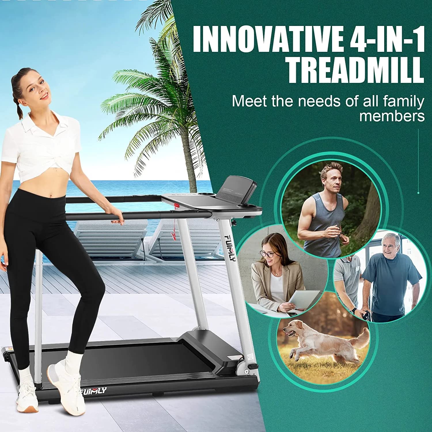 FUNMILY 4-in-1 Treadmill with Large Desk, 2.25HP Folding Electric Treadmills, Pet Treadmill, LCD Display, Bluetooth Speakers, Walking Jogging Running Machine for Home/Office Use