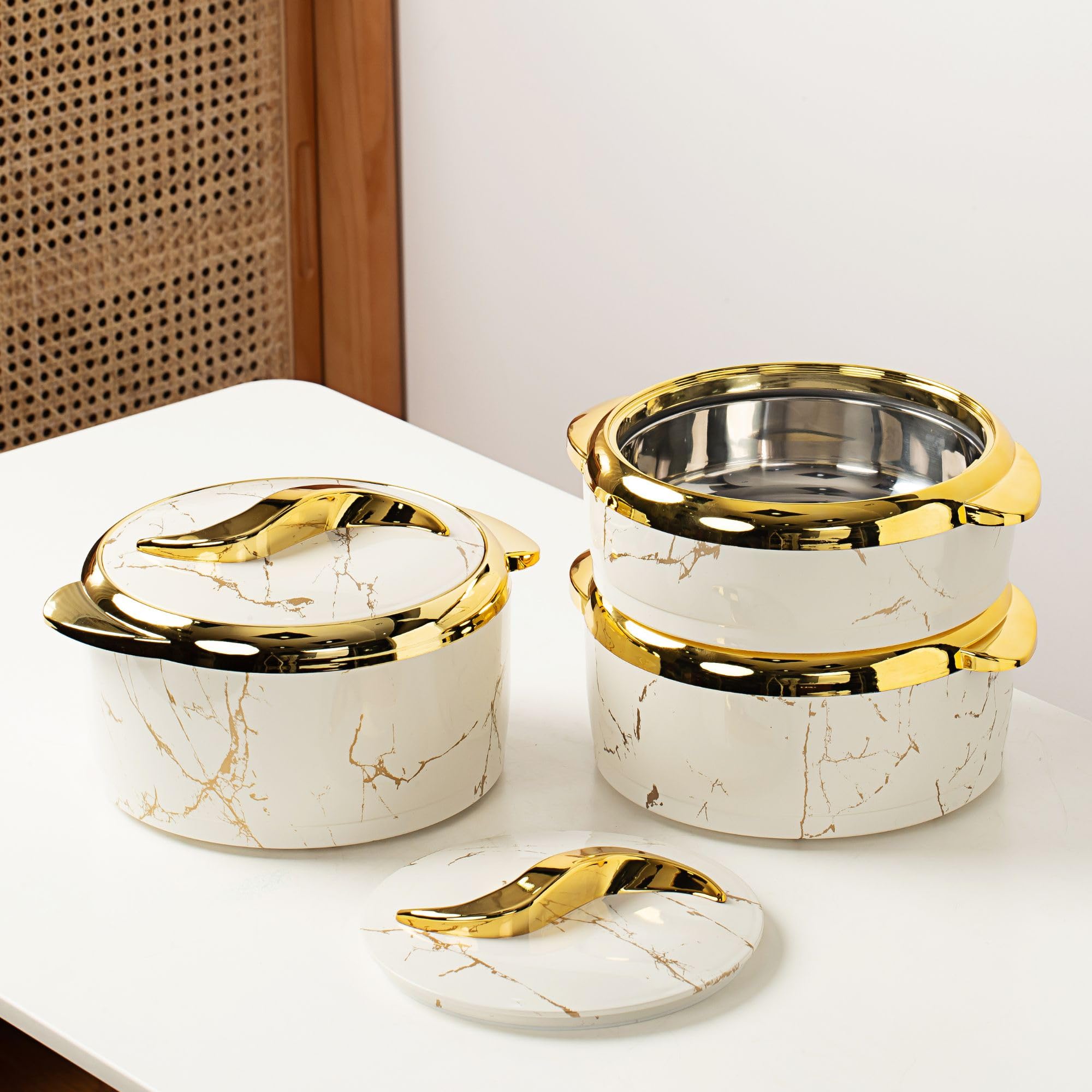 Hywisnok Luxury 3-Piece 2.6/2.1/1.6qt Thermal Casserole Dish Set with Lids, Insulated Stainless Steel Container for Hot & Cold Food, Serving Bowl for Buffets/Parties-Marble White