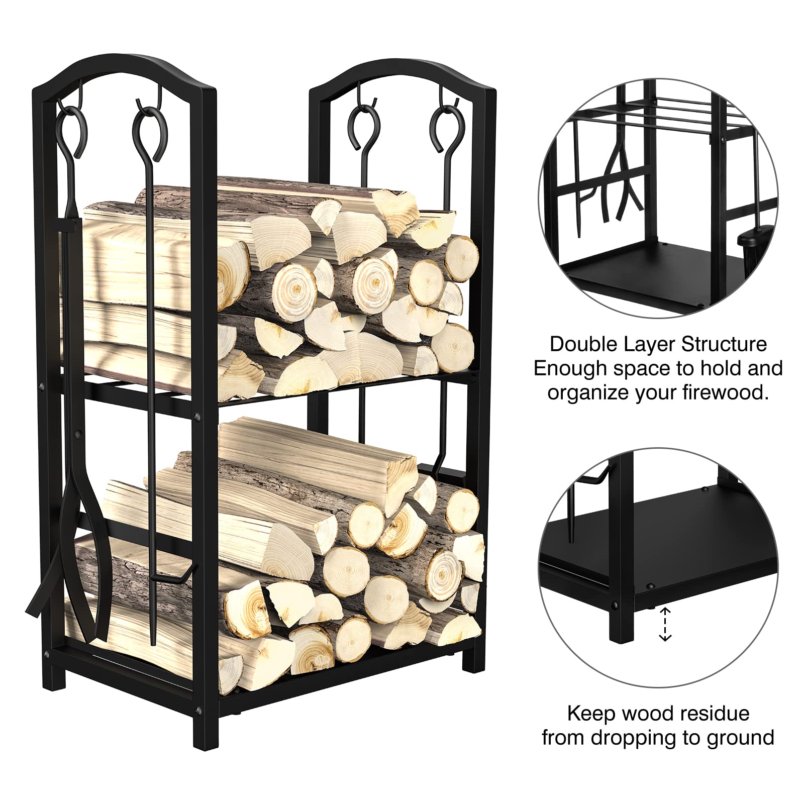 GASPRO Firewood Rack Indoor, 5 Pcs Wrought Iron Fireplace Tools and Log Holder for Fireplace, Wood Stove, Hearth, Fire Pit, Sturdy and Easy to Assemble