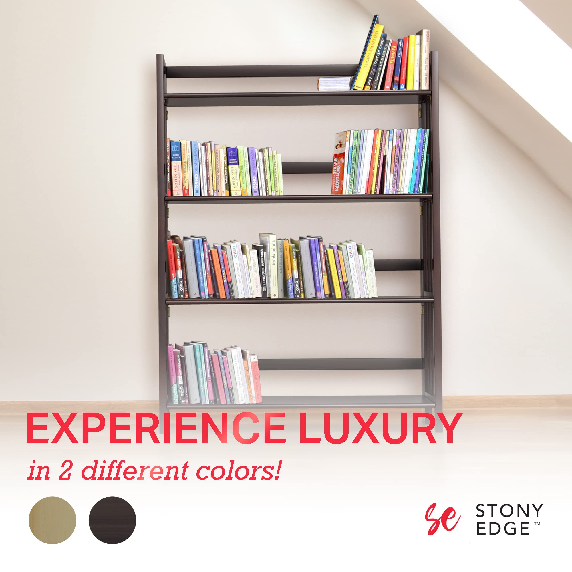Stony Edge 4-Tier Folding Bookshelf | Espresso Wood Finish | 45x32x11.5 Inches | Book Shelf for Books and Trinkets | No Assembly Required | Foldable & Small Bookshelf for Home and Office
