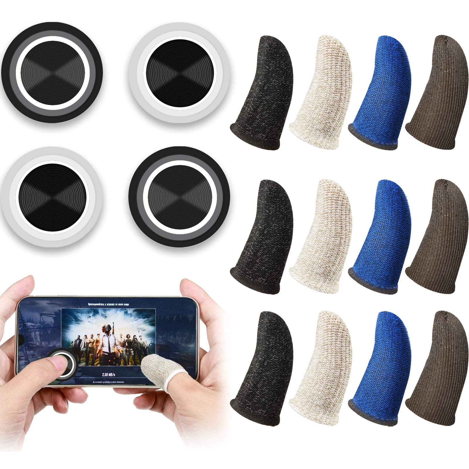 Weewooday 16 Pieces Phone Game Joystick Kits, 4 Touch Screen Game Control Joypad and 12 Gaming Finger Sleeve, Mobile Game Controller with Anti-Sweat Thumb Sleeves for Phones Tablets