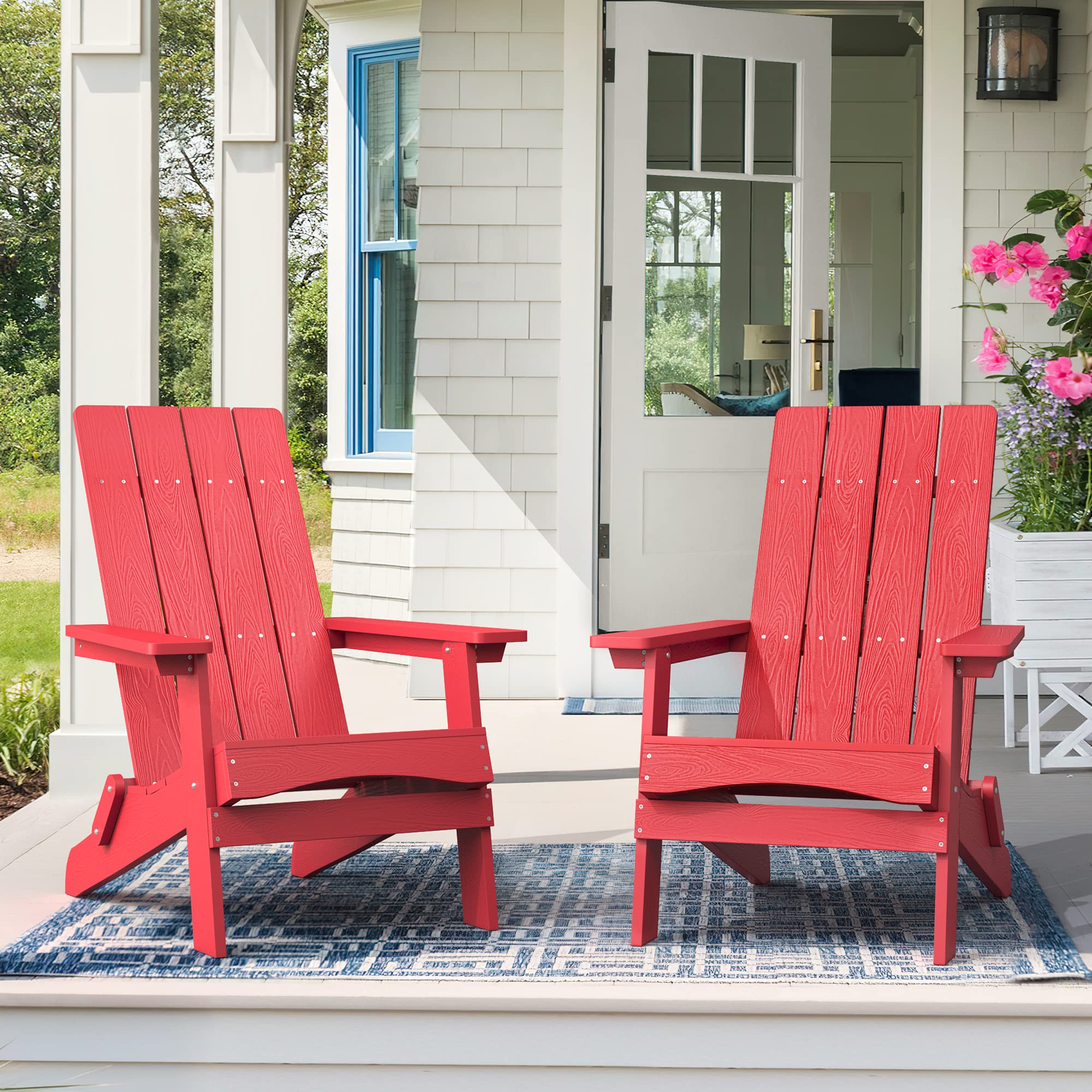 LUE BONA Folding Adirondack Chairs Set of 4, HDPS Poly Modern Adirondack Chair, Weather Resistant Plastic Adirondack Fire Pit Chairs for Patio, Porch, Deck, Pool, Garden, Backyard, Black