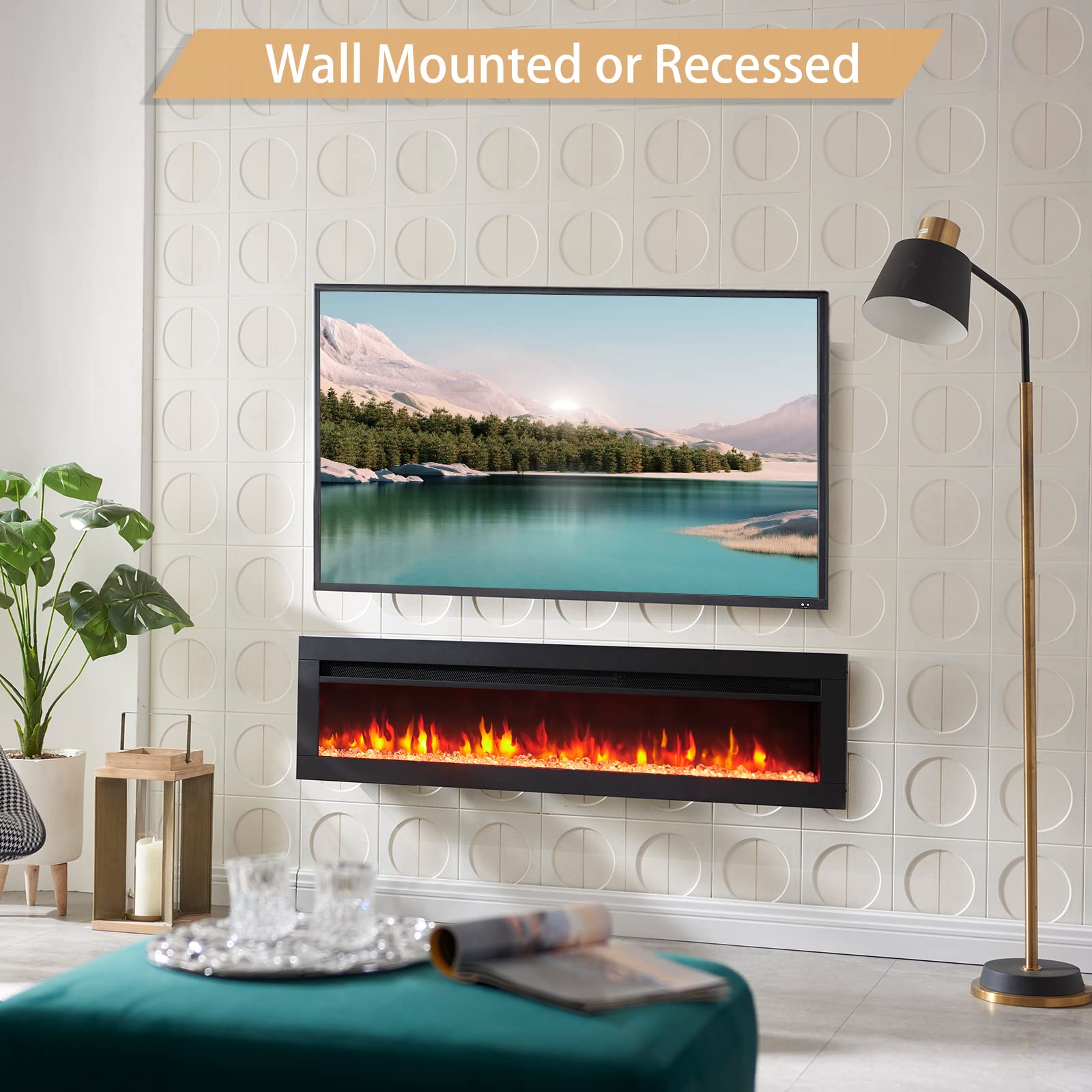 Efiretric® Arthur 50" W 3 in 1 Electric Fireplace (EF458), Freestanding, Wall Mounted, Recessed, 9 Colors Flame Effect, TV Media Wall, Heater 750W/1500W, Remote Control