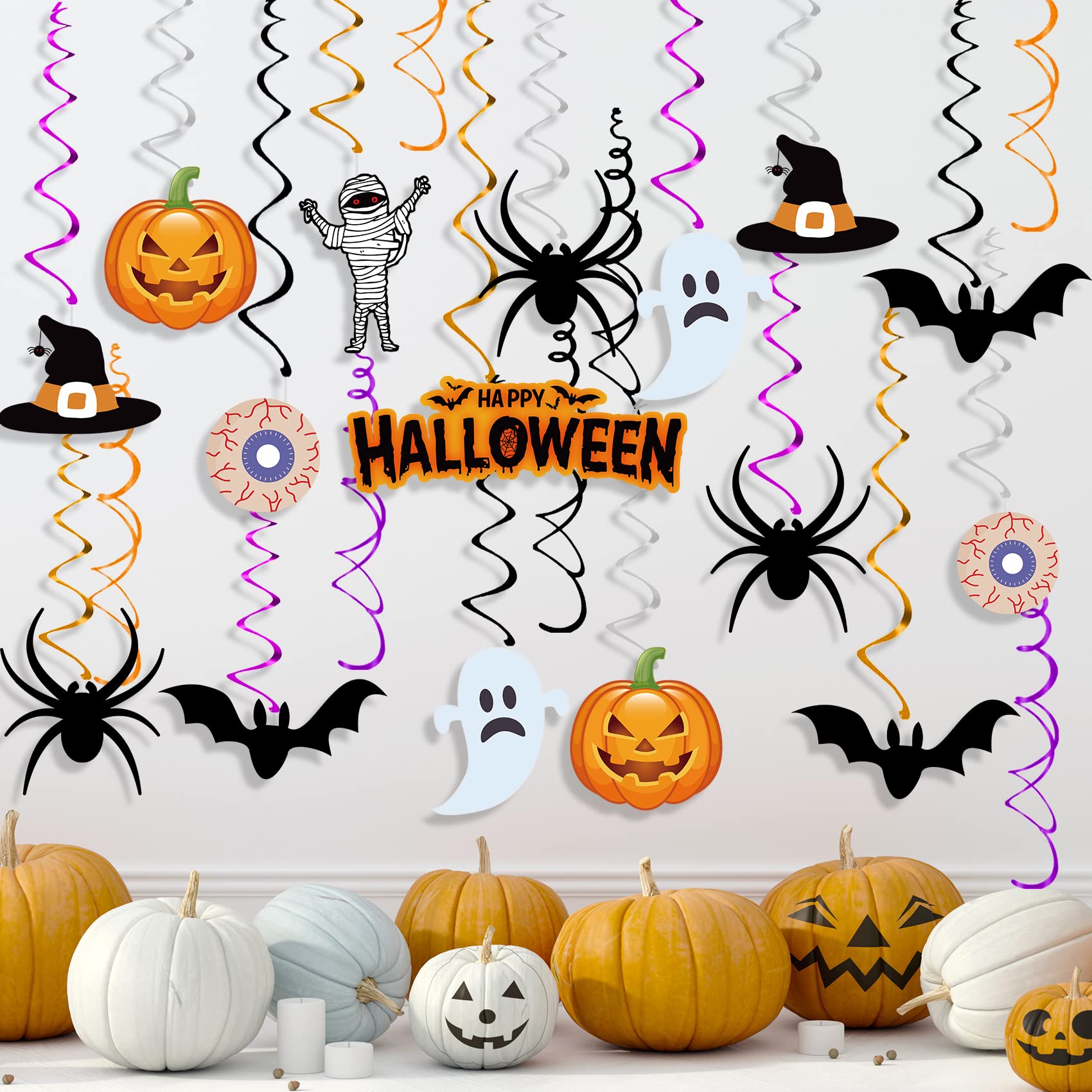 Funnlot Halloween Office Decorations Halloween Hanging Decorations Indoor 46PCS Halloween Hanging Swirl Decorations Include Pumpkin Bat Ghost Spider Mummy Eyeball Witch Hat Happy Halloween