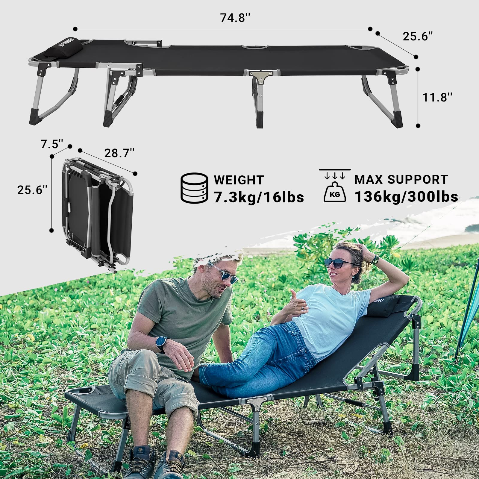FUNDANGO Folding Chaise Lounge Chair with Pillow, Widen 4-Fold Portable Adjustable Camping Reclining Chair, Black for Outdoor, Lawn, Patio, Beach, 2 Pack